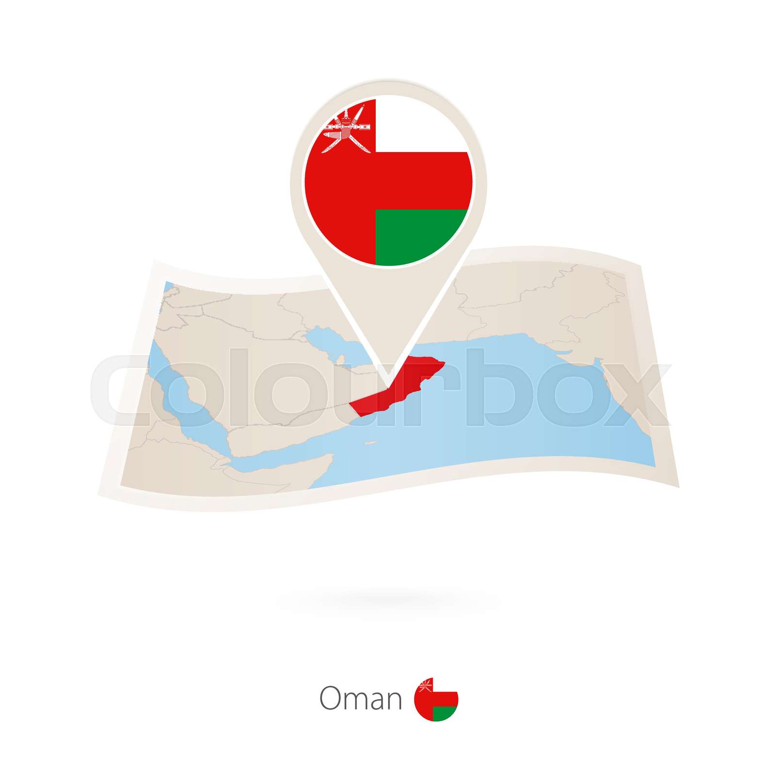 Folded paper map of Oman with flag pin of Oman. | Stock vector | Colourbox