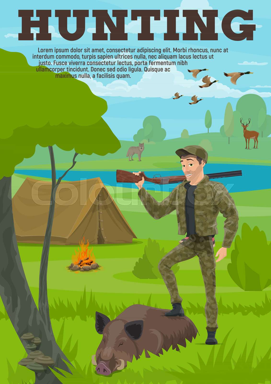 Hunting sport banner with hunter, animal and bird | Stock vector ...