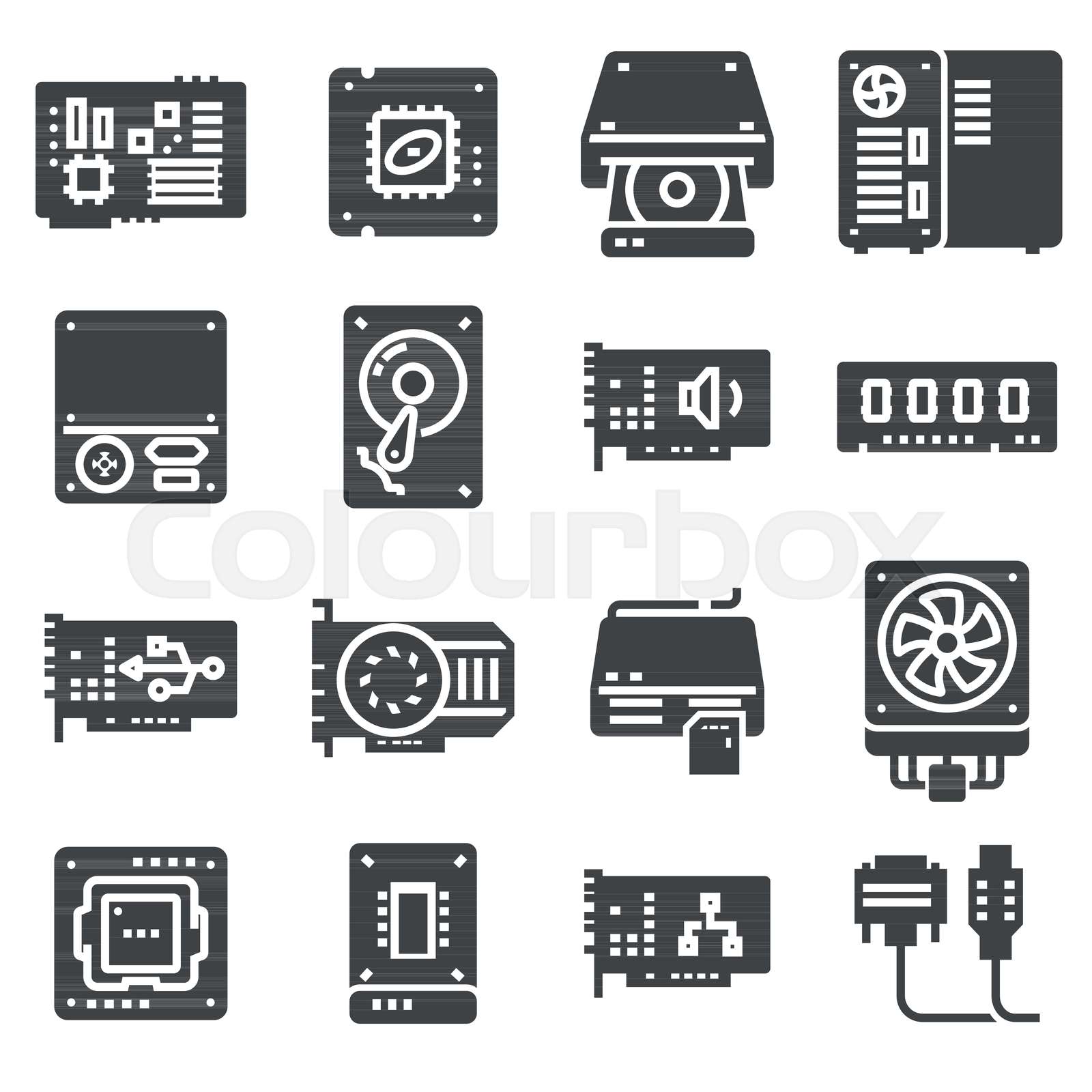Vector Computer Hardware Icons. PC Components set | Stock vector ...