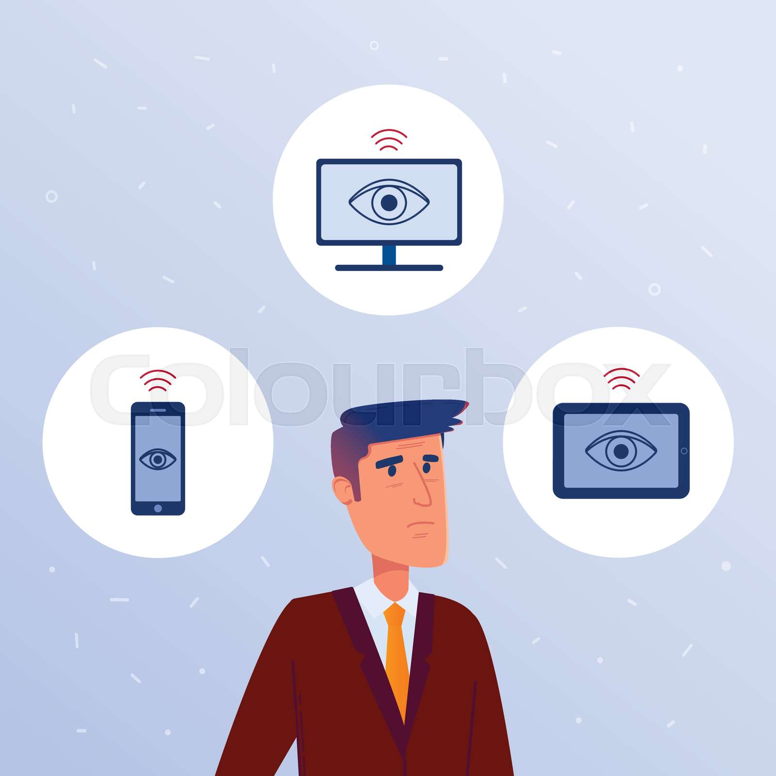 An anxious man surrounded by devices with his personal data. | Stock ...