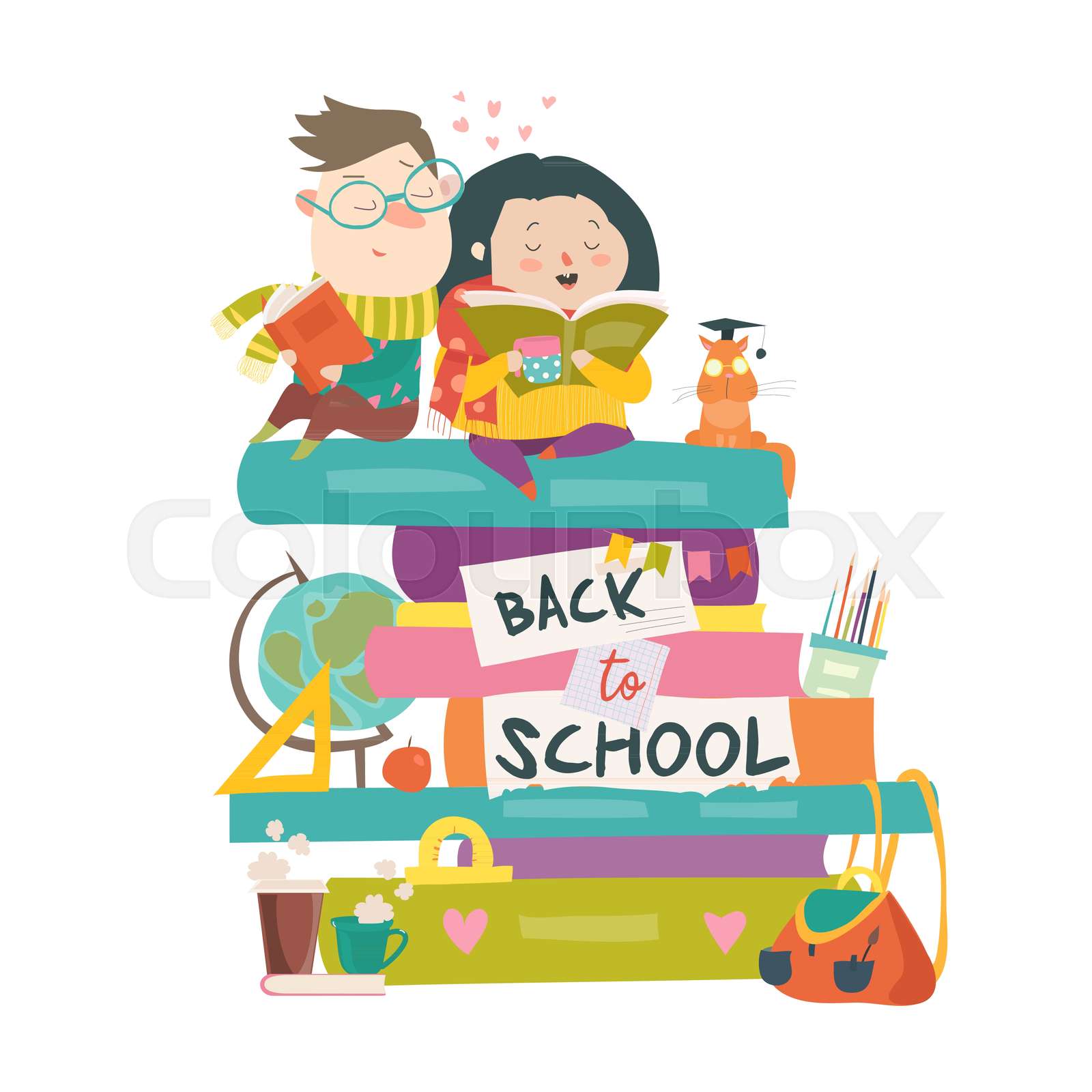 Boy and girl sitting on piles of books. Back to school | Stock vector ...