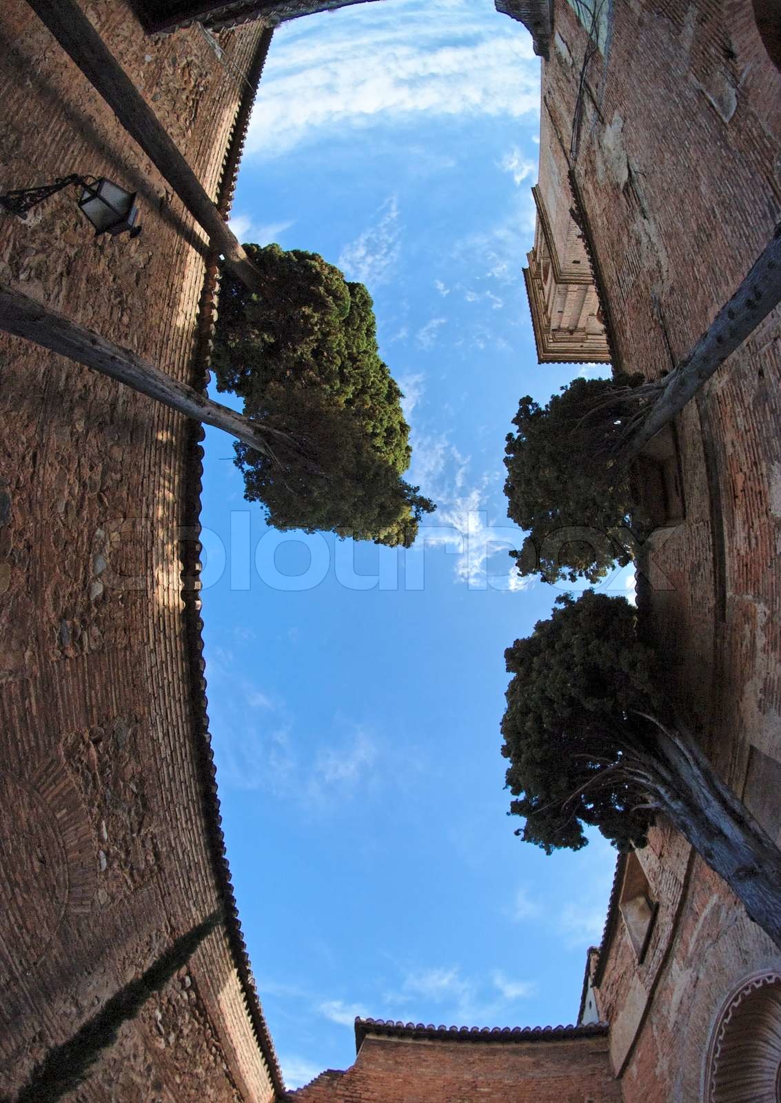 Sky above the court of Medieval castle upward view | Stock image ...