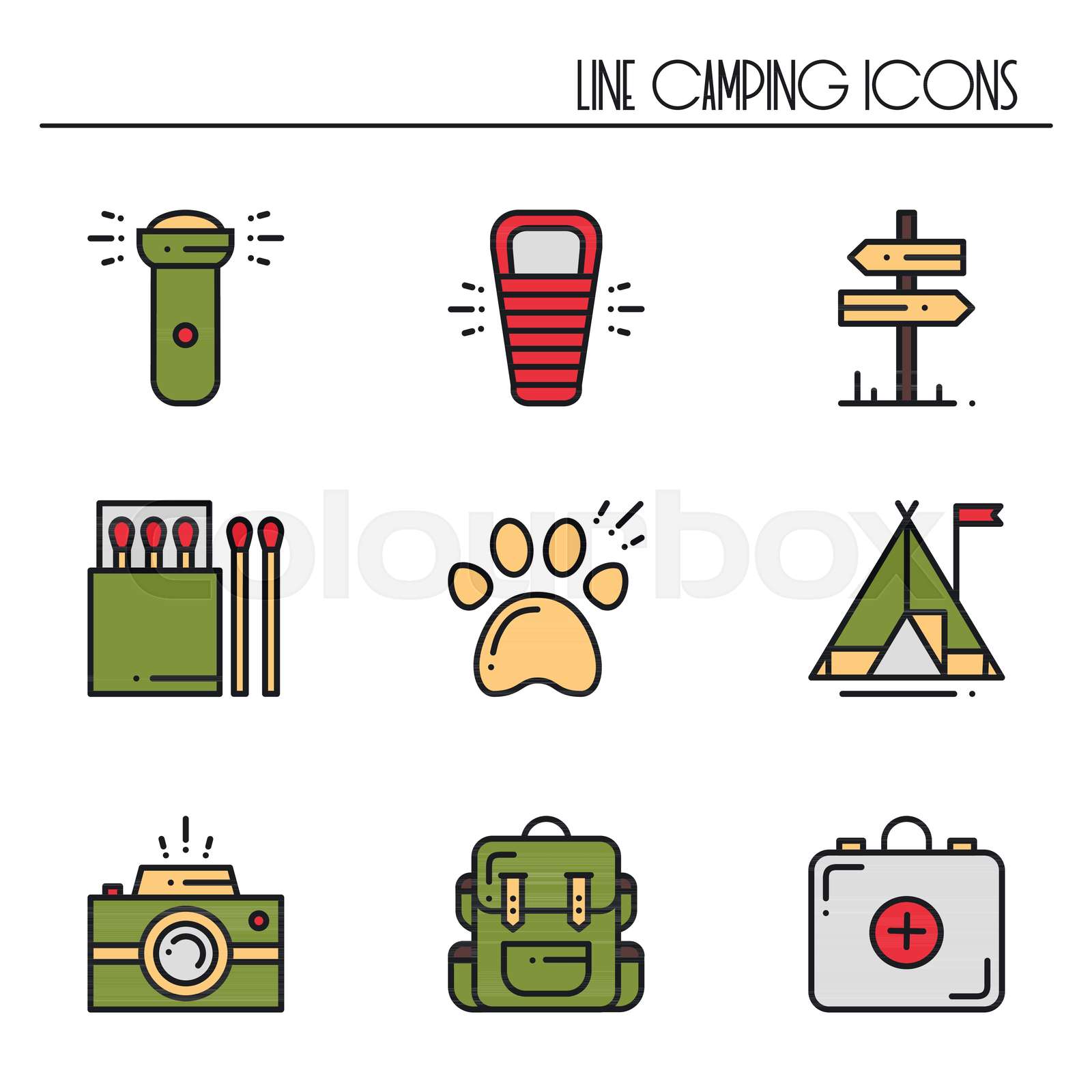 Hiking and Camping Line Icons Set. Outdoor Camp Sign and Symbol ...