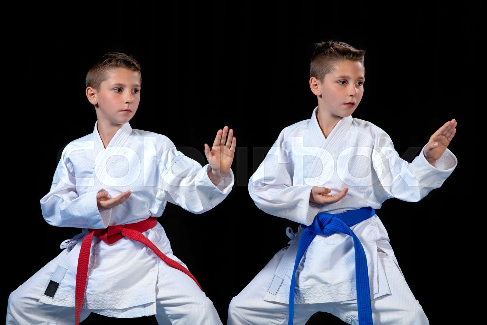 two boys training karate kata exercises at test qualification | Stock ...