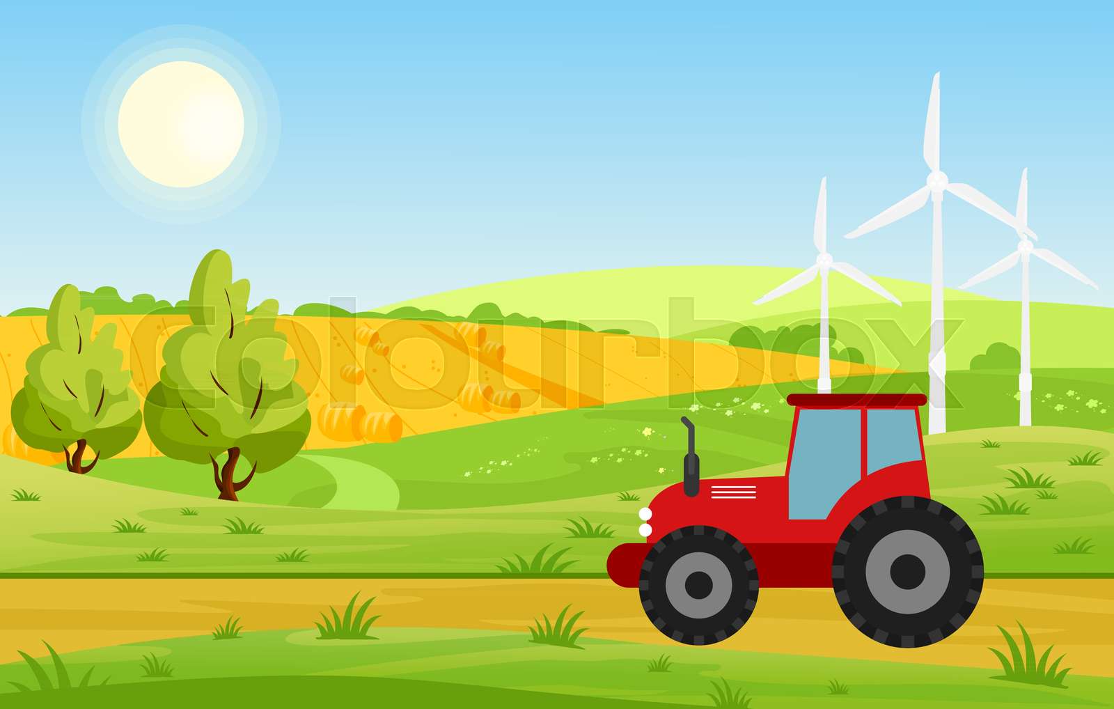 Vector illustration of village with fields and tractor working on ...