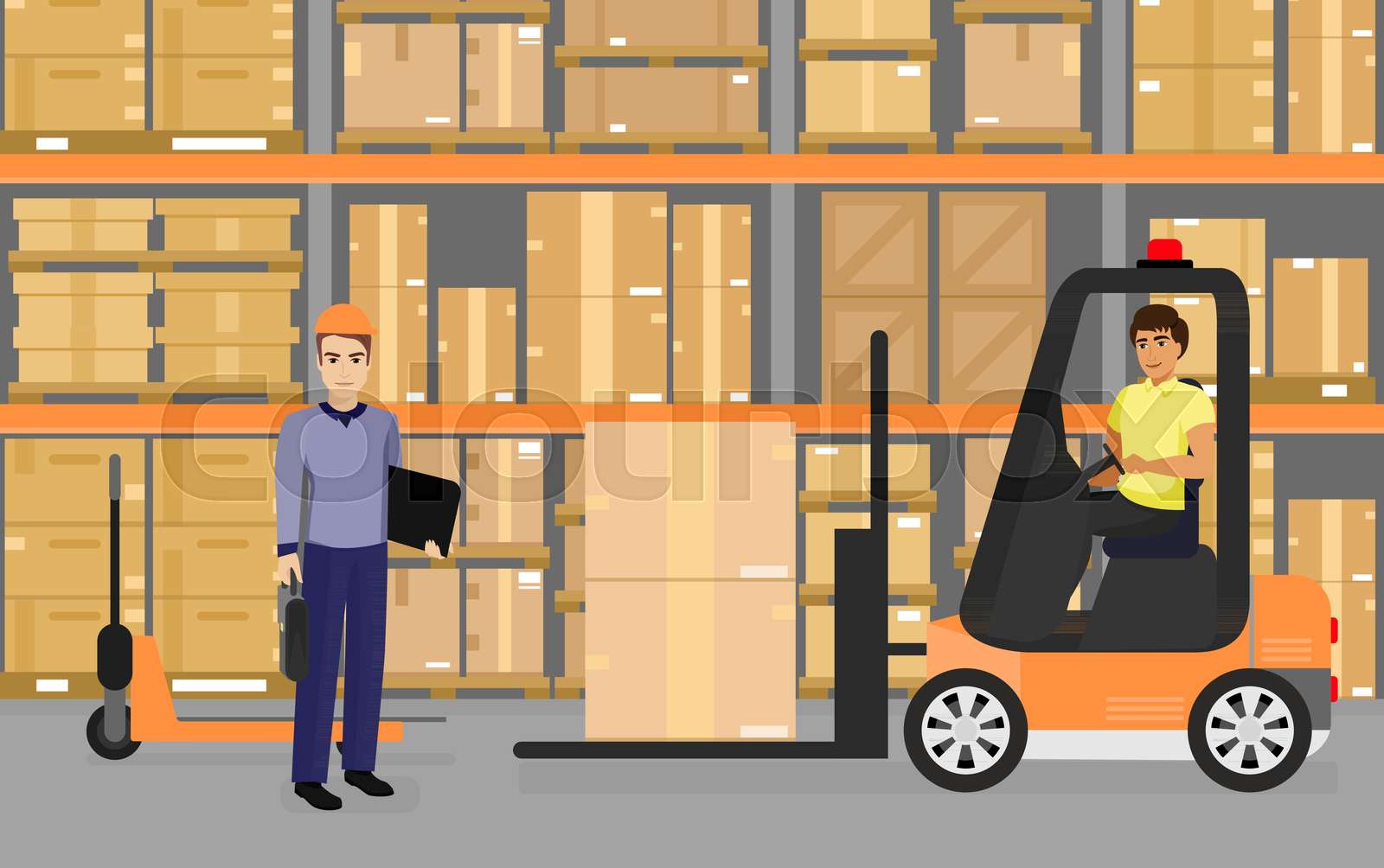 Vector illustration of warehousing, goods and boxes on shelves in the ...