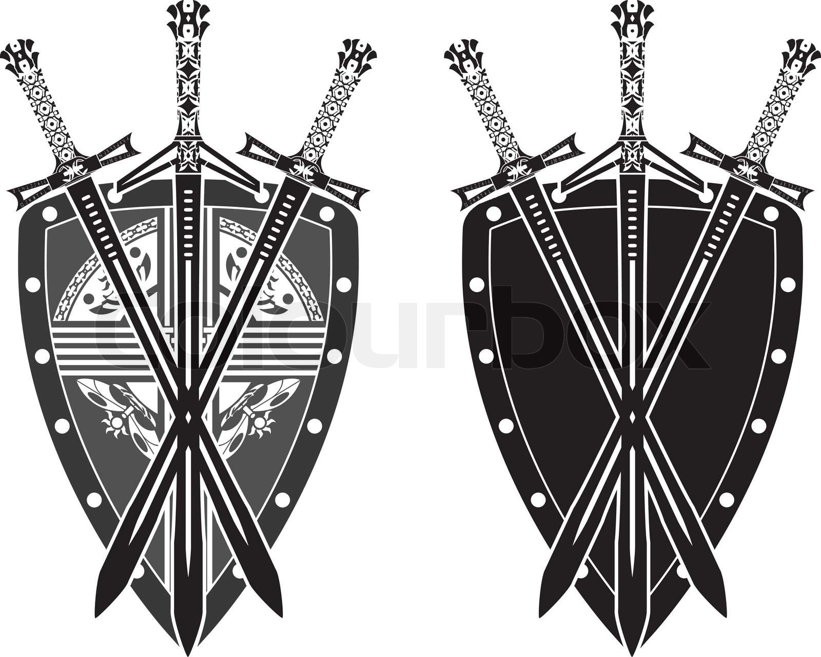 three swords and shield. stencil. vector illustration | Stock vector ...
