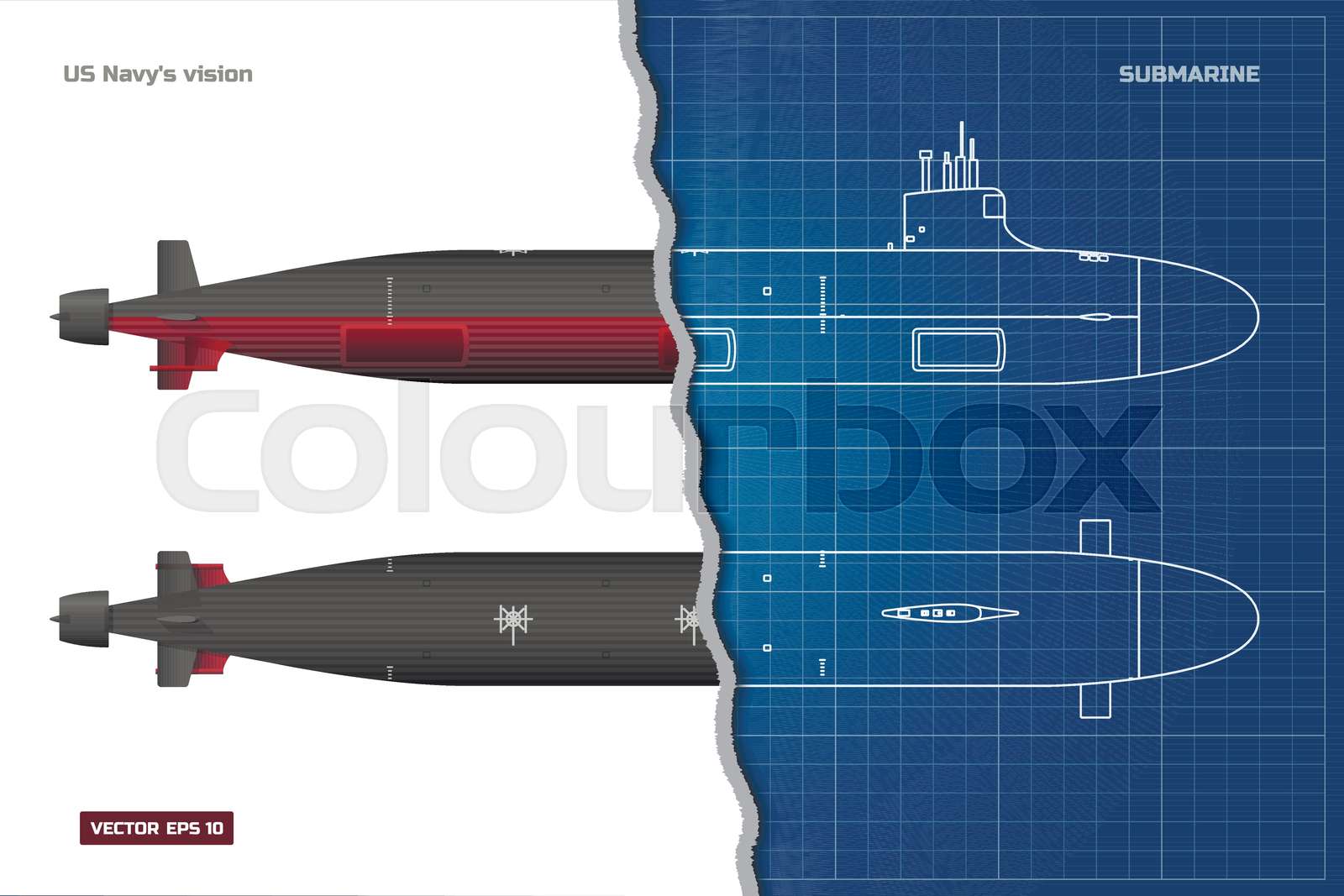 Blueprint of submarine. Military ship. Top, front and side view ...