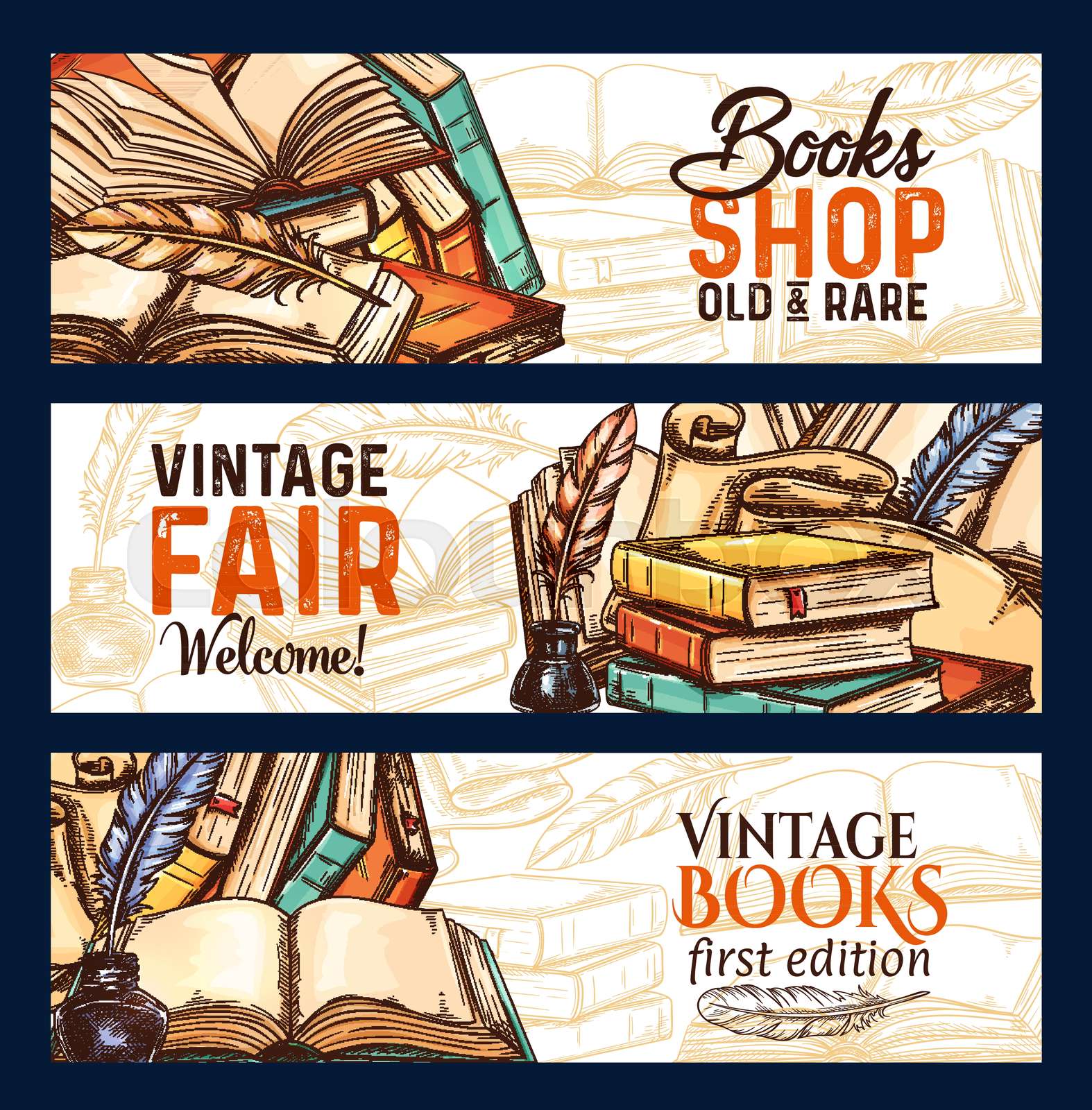 Vector sketch banners of old rare vintage books | Stock vector | Colourbox