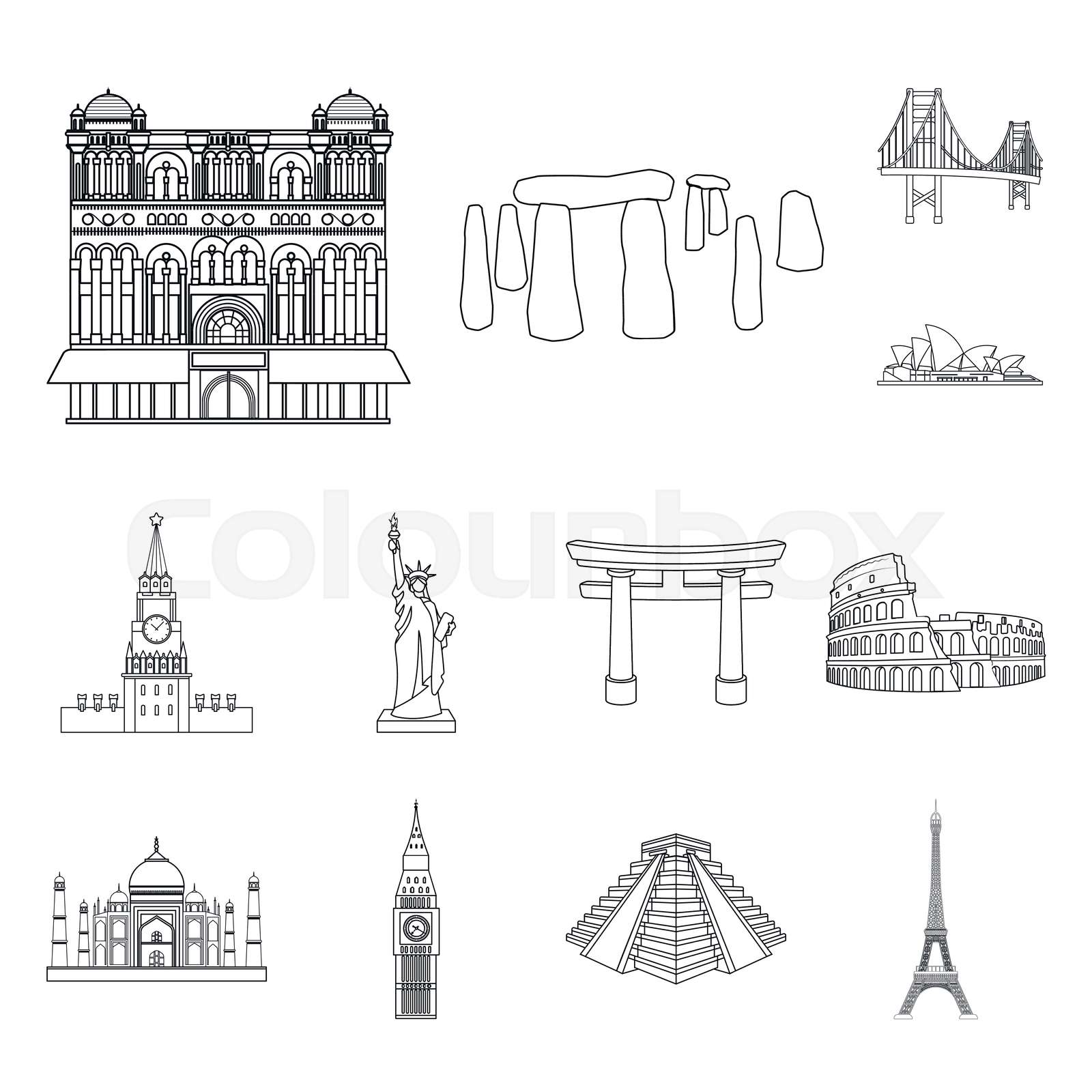 Sights of different countries outline icons in set collection for ...