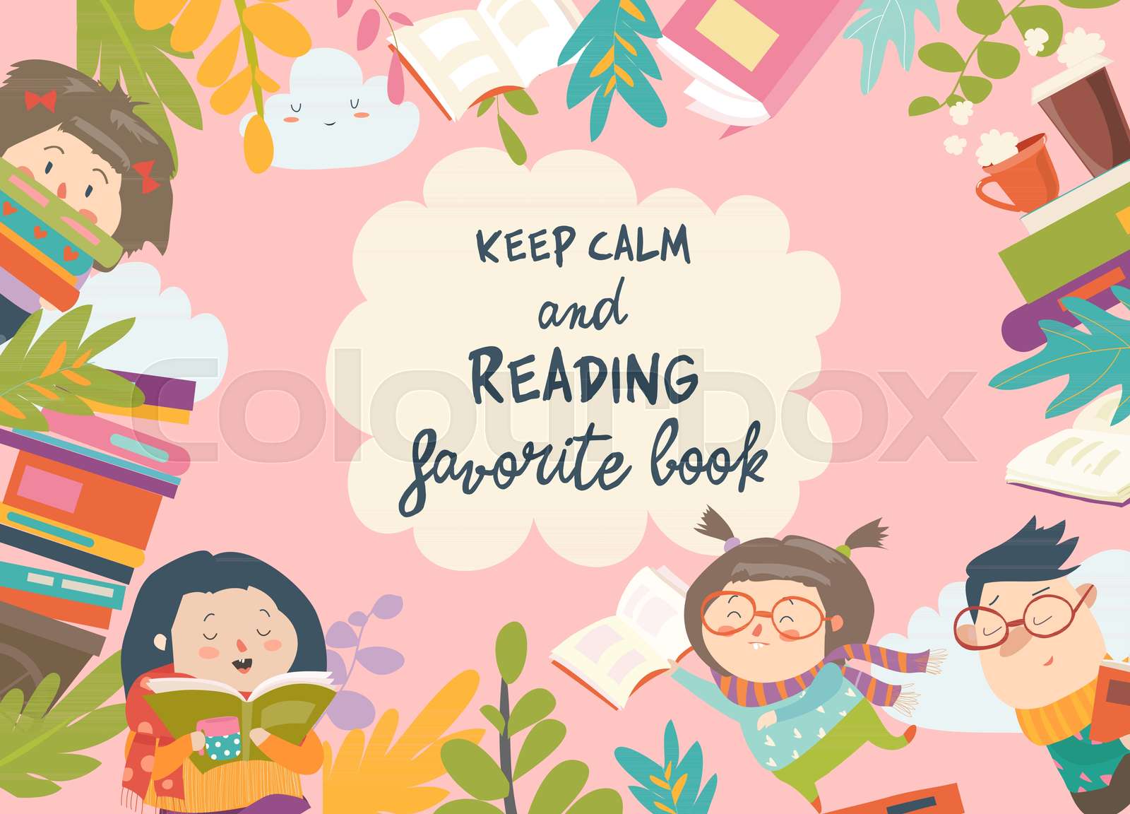 Cute frame composed of children reading books | Stock vector | Colourbox