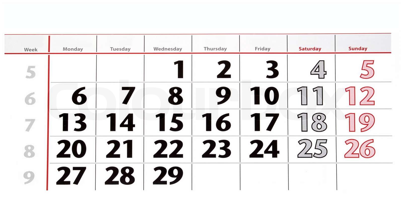 page of a calendar with black and red figures | Stock image | Colourbox