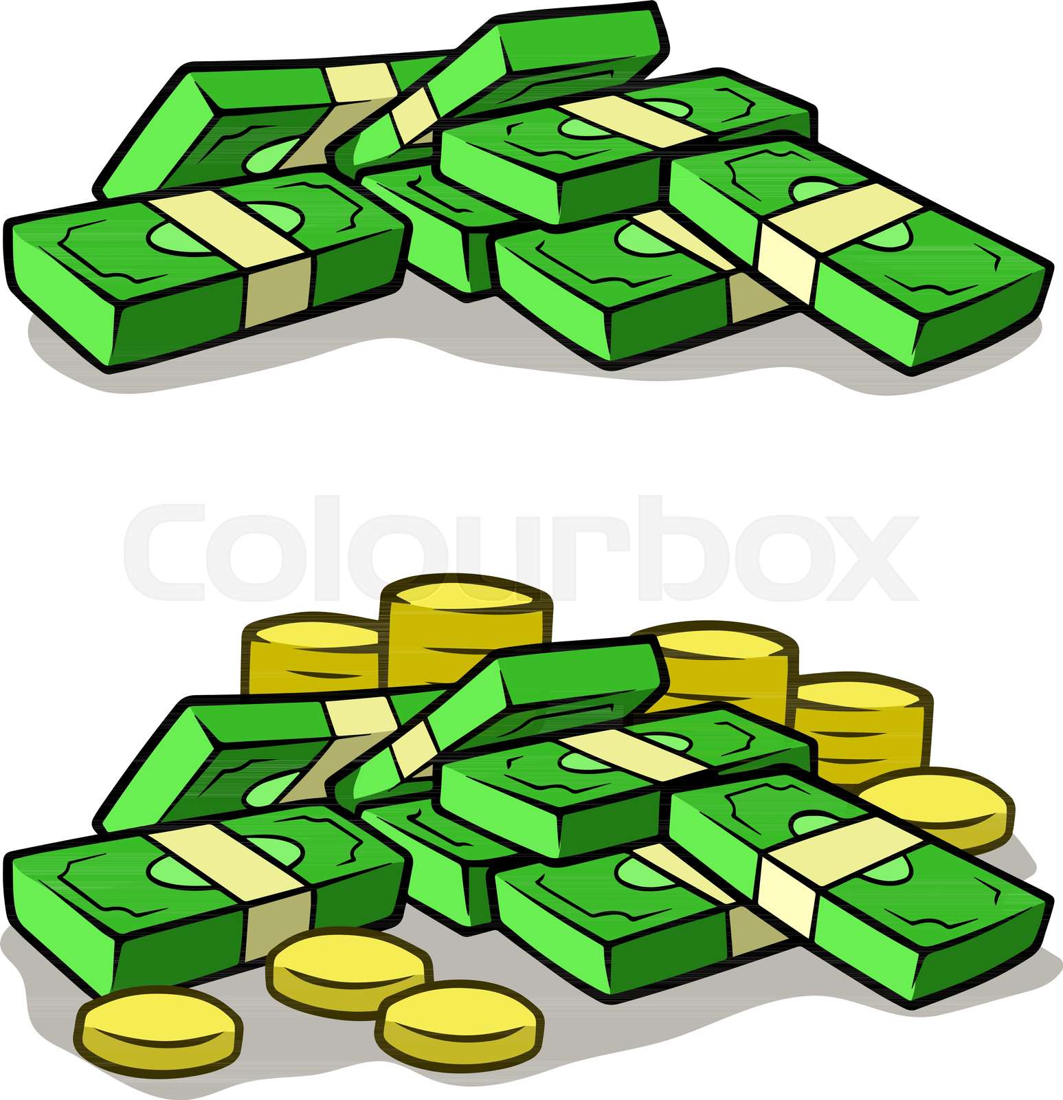 Cartoon money stack piles of cash and coins | Stock vector | Colourbox