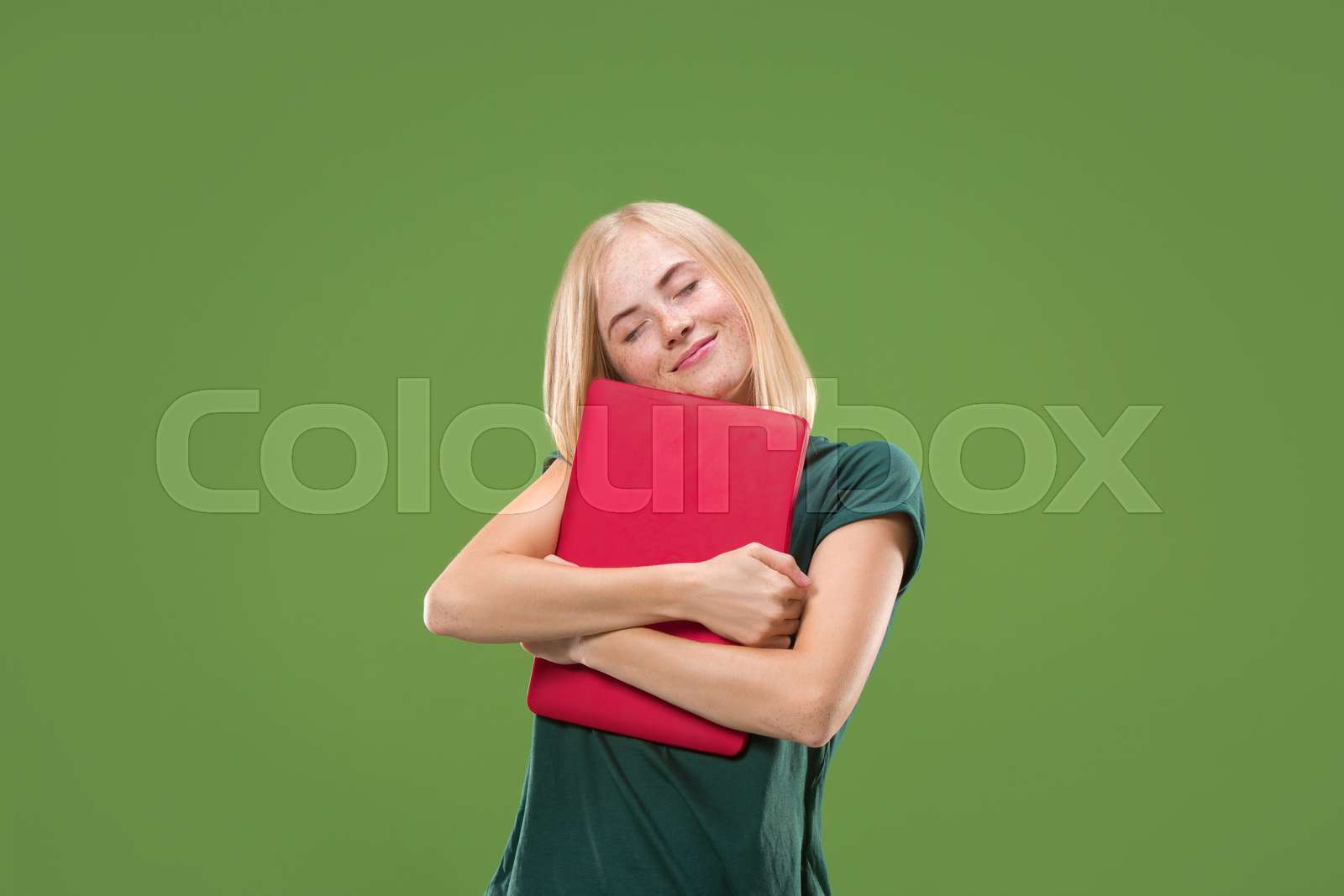 Businesswoman hugging laptop. Love to computer concept. Attractive ...
