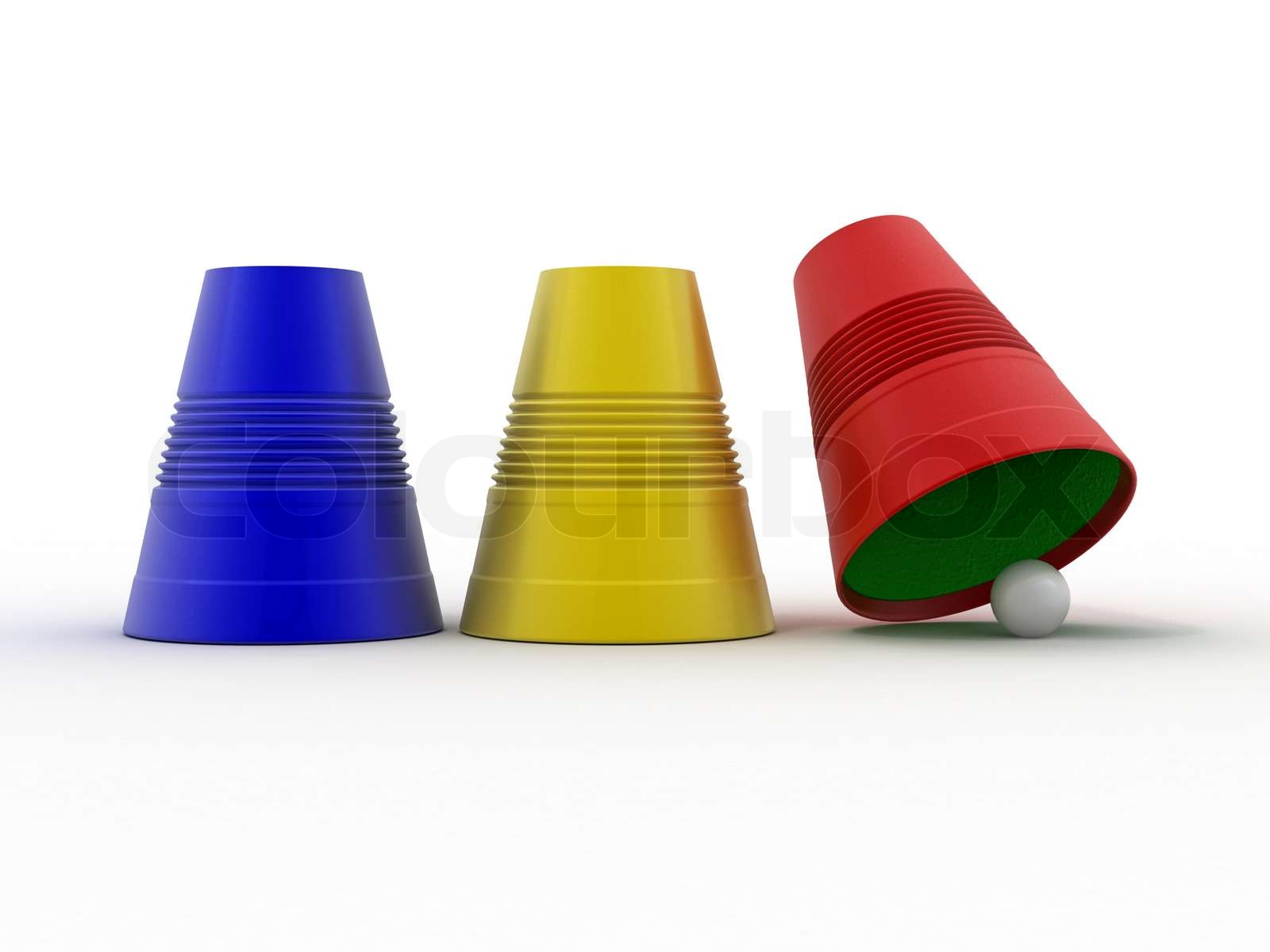 Three colored plastic cups with sphere | Stock image | Colourbox