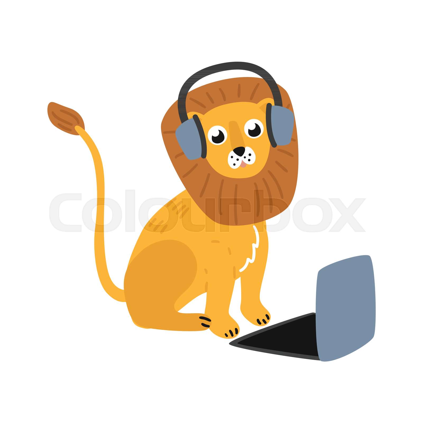 Vector cartoon lion sitting behind laptop | Stock vector | Colourbox