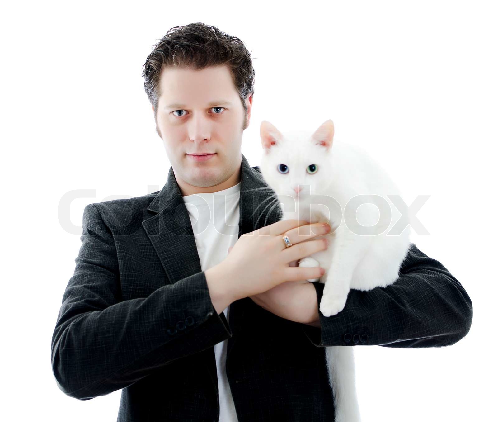 Man with white cat. Isolated on white. | Stock image | Colourbox
