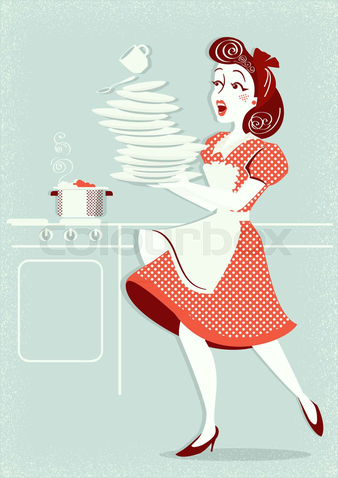 Clumsy attractive woman falling plates and dishes in her kitchen ...