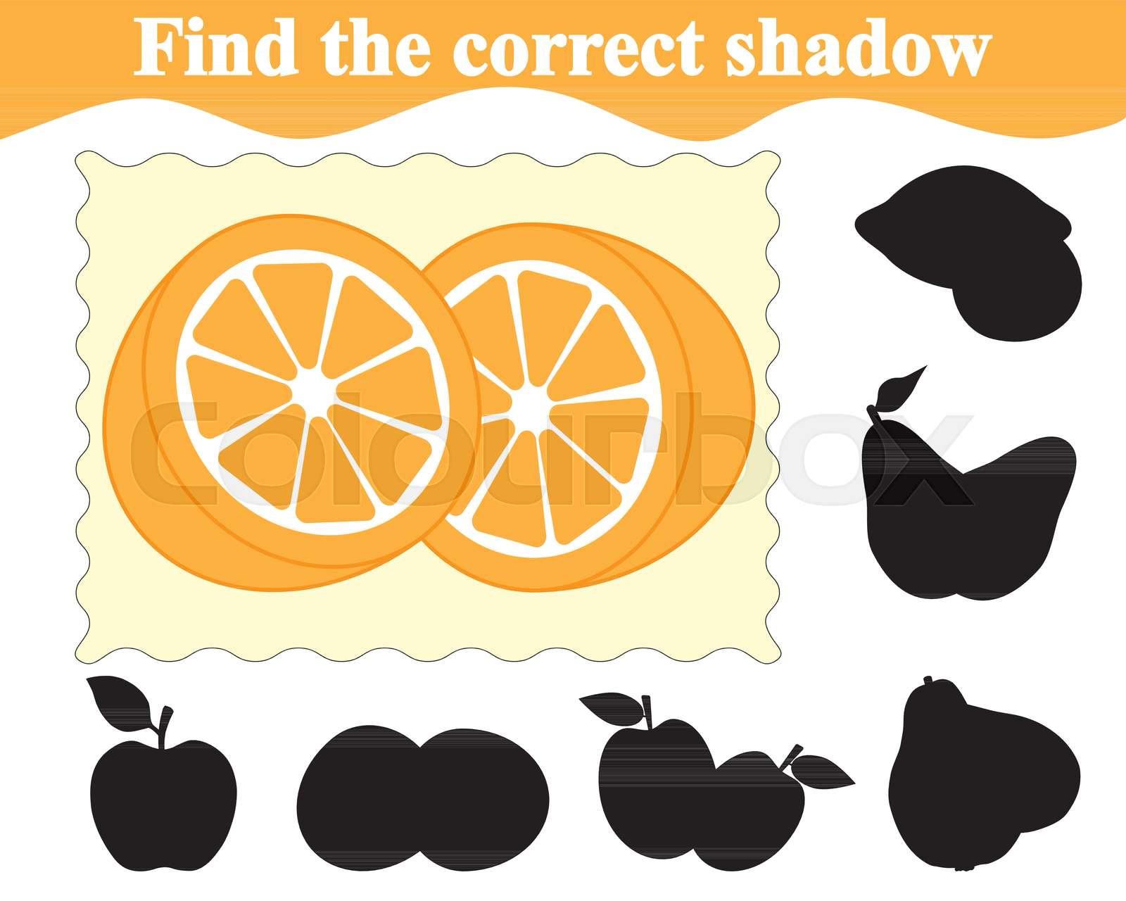 Find the correct shadow of orange. Education. Game for children. Vector ...