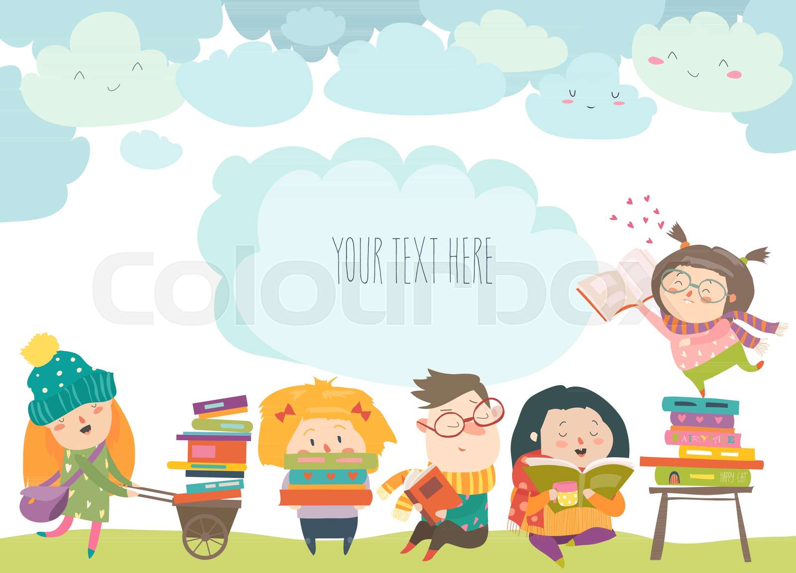 Group of cartoon children reading books | Stock vector | Colourbox
