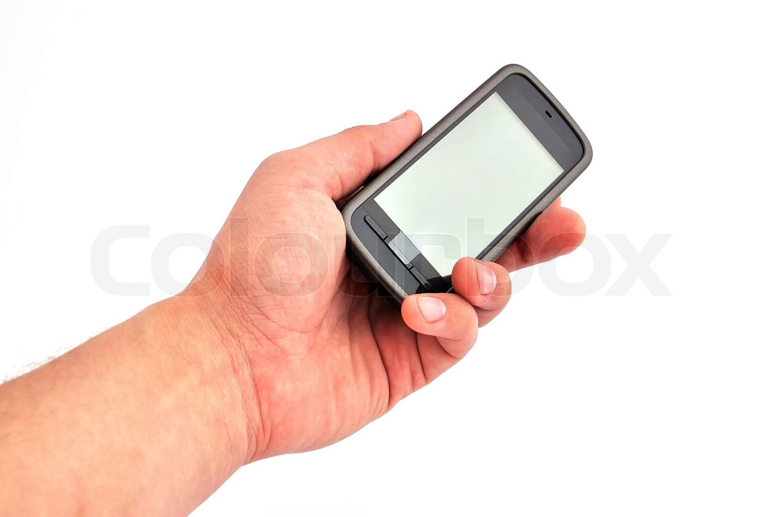 Touchscreen-Handy in der Hand auf weißem Hintergrund | Stock Bild ...