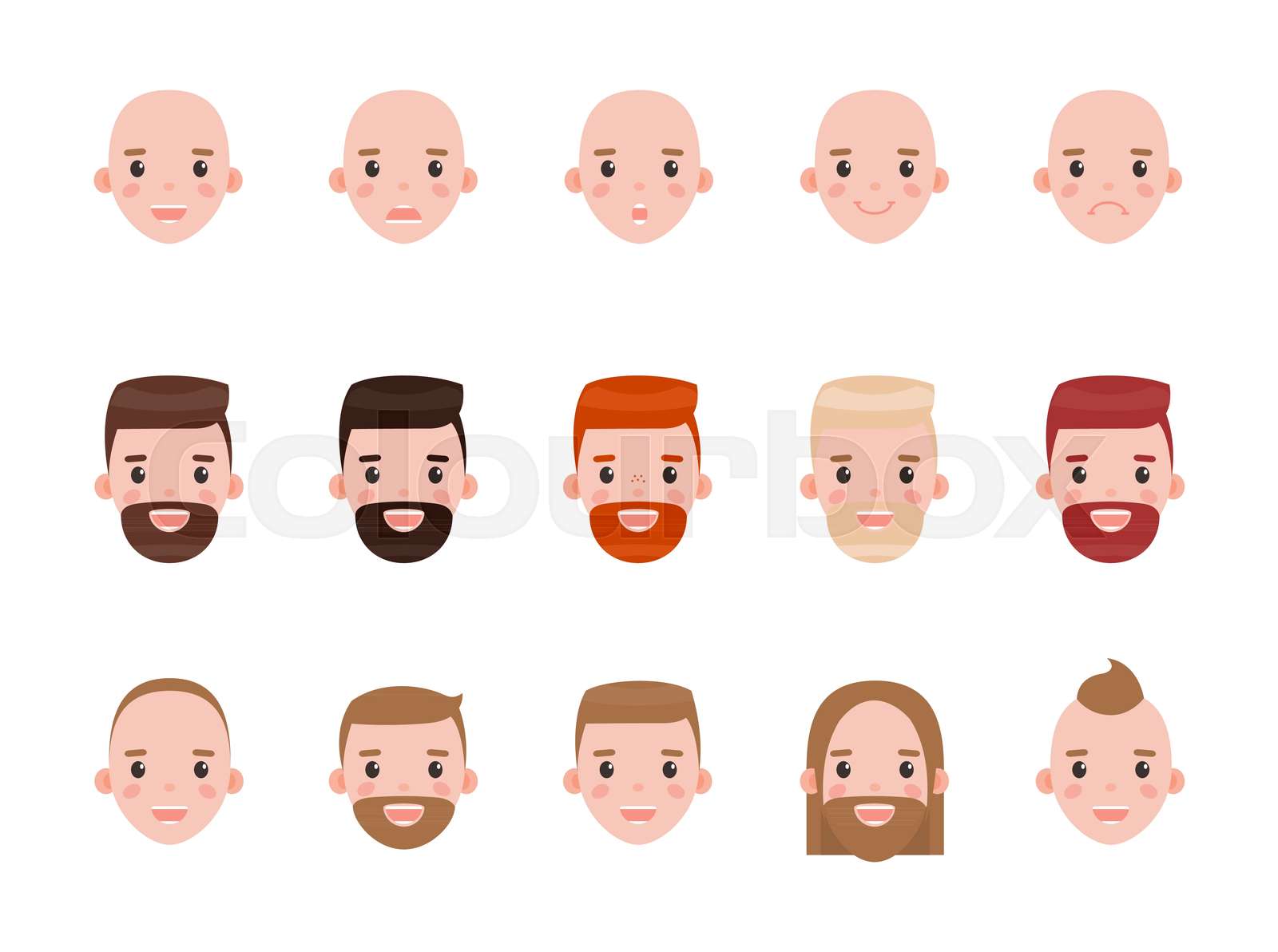 Male Heads with Various Hairstyles and Mood Set | Stock vector | Colourbox