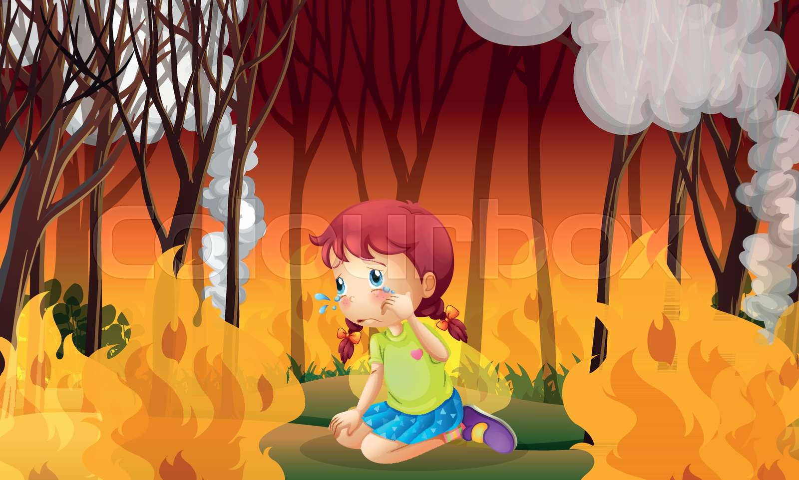 A Girl Crying in Wildfire Forest | Stock vector | Colourbox