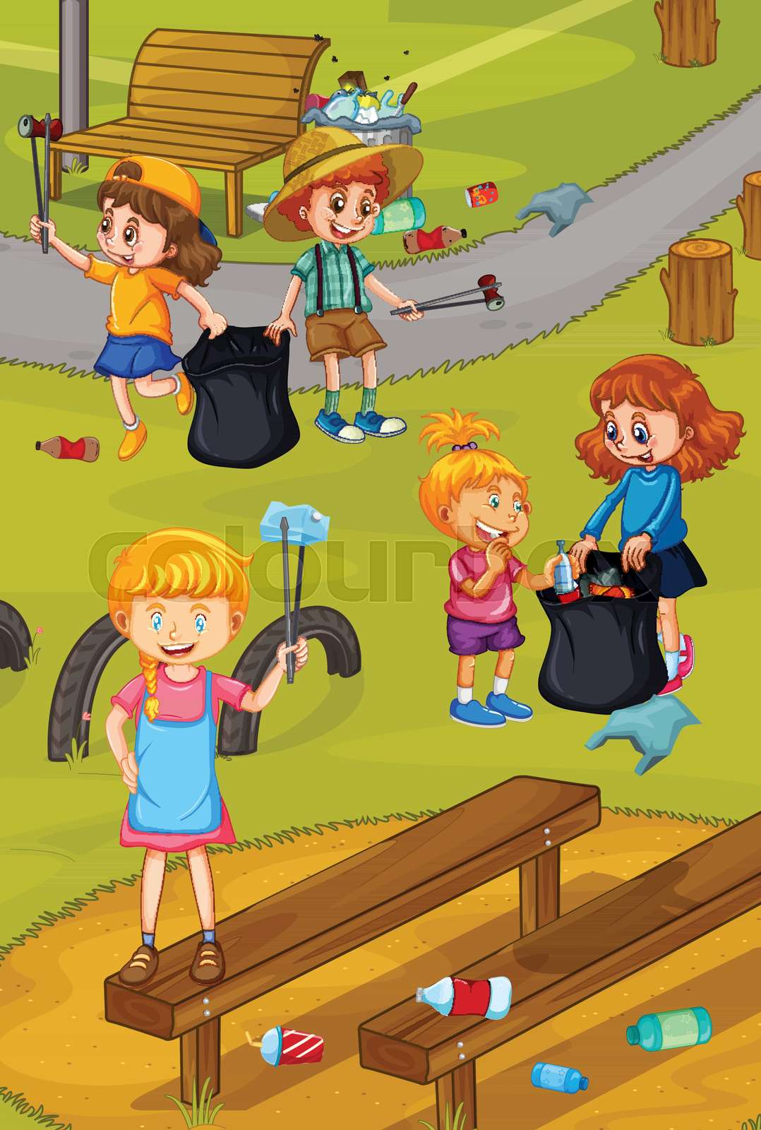 Volunteer Children Cleaning Park | Stock vector | Colourbox