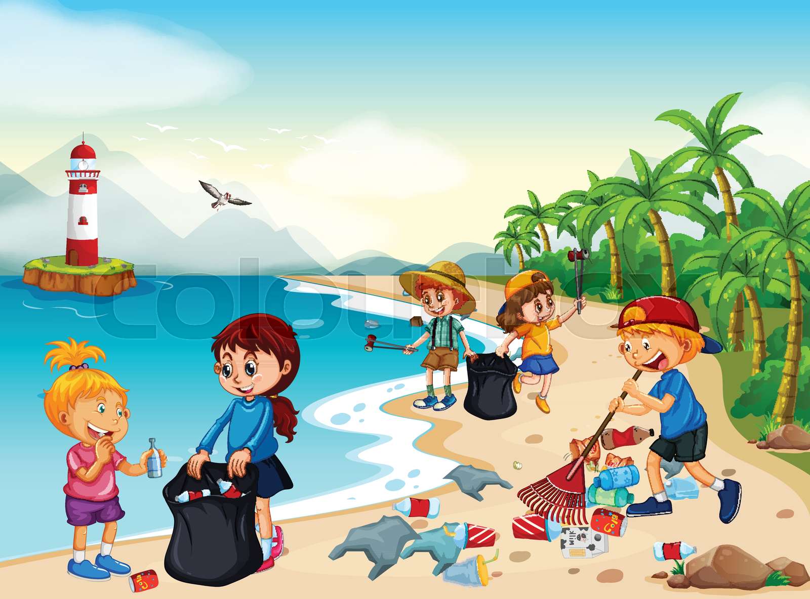 Volunteer Children Cleaning Beach | Stock vector | Colourbox