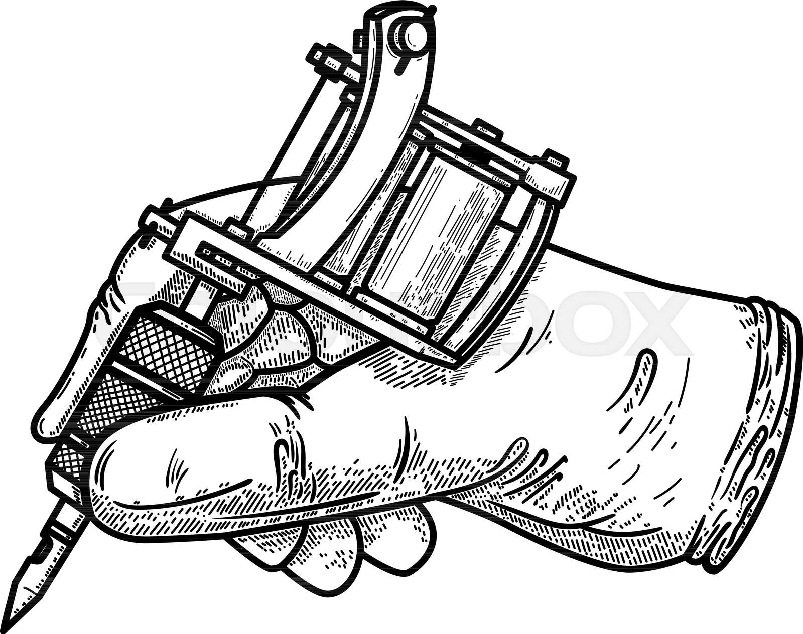 Hand with tattoo machine. Design element for poster, card, t shirt ...