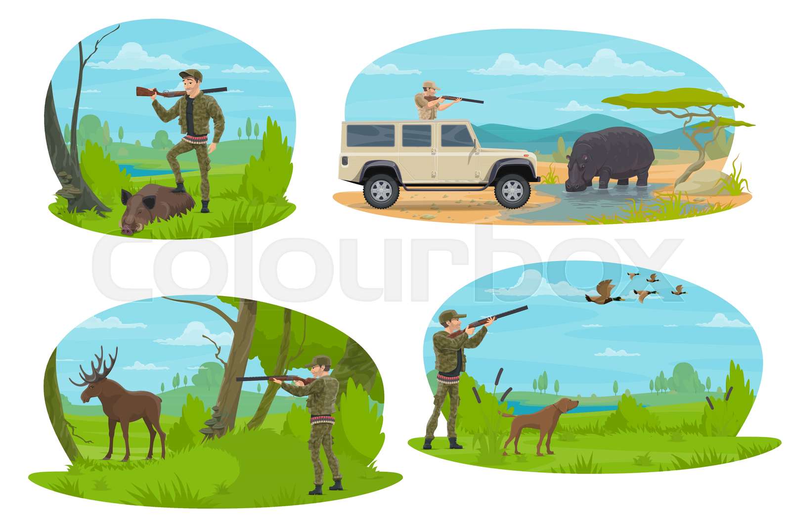 Hunter aiming rifle at animal cartoon icon design | Stock vector ...