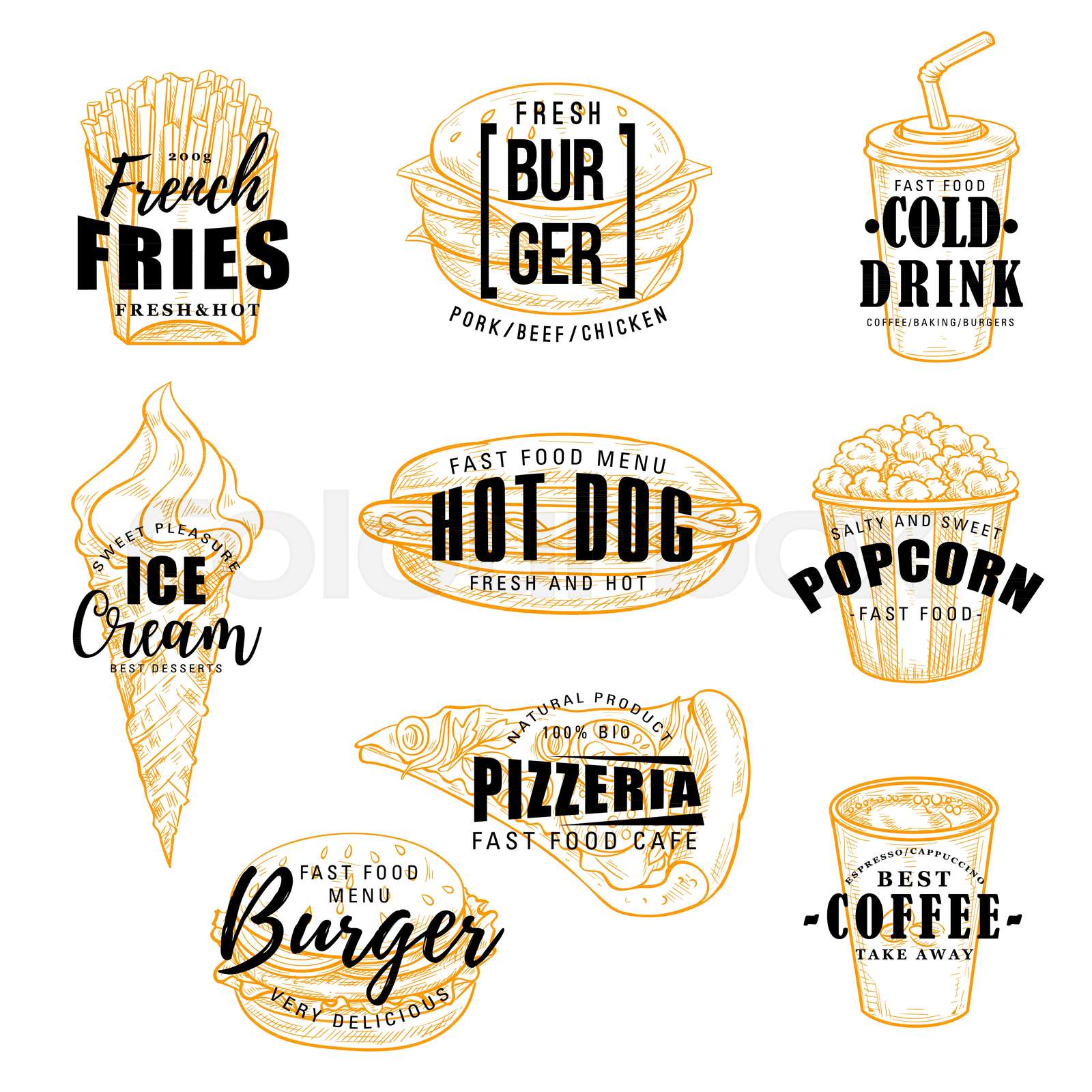 Fast food label with burger, drink and dessert | Stock vector | Colourbox