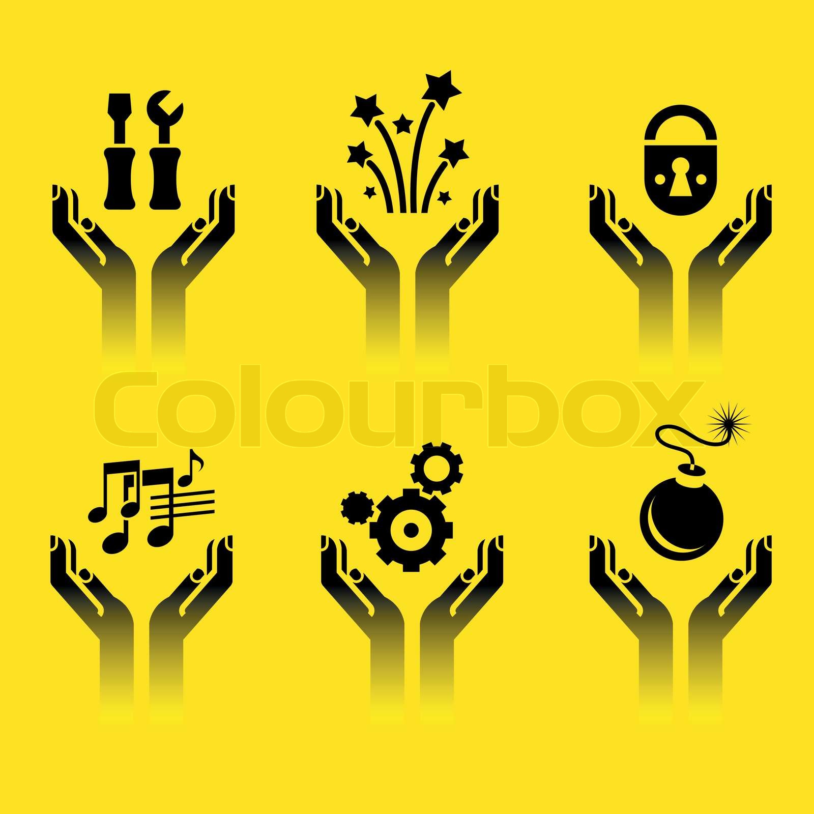 Symbole der menschlichen Händen halten verschiedene Symbole | Stock ...