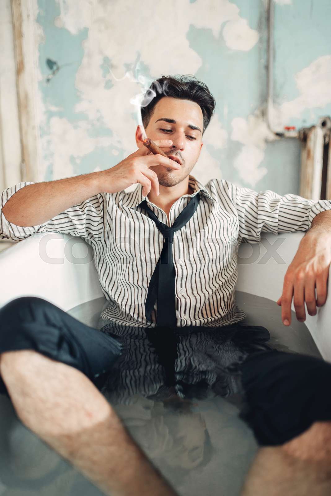 Drunk businessman bankrupt in bathtub, suicide man | Stock image ...