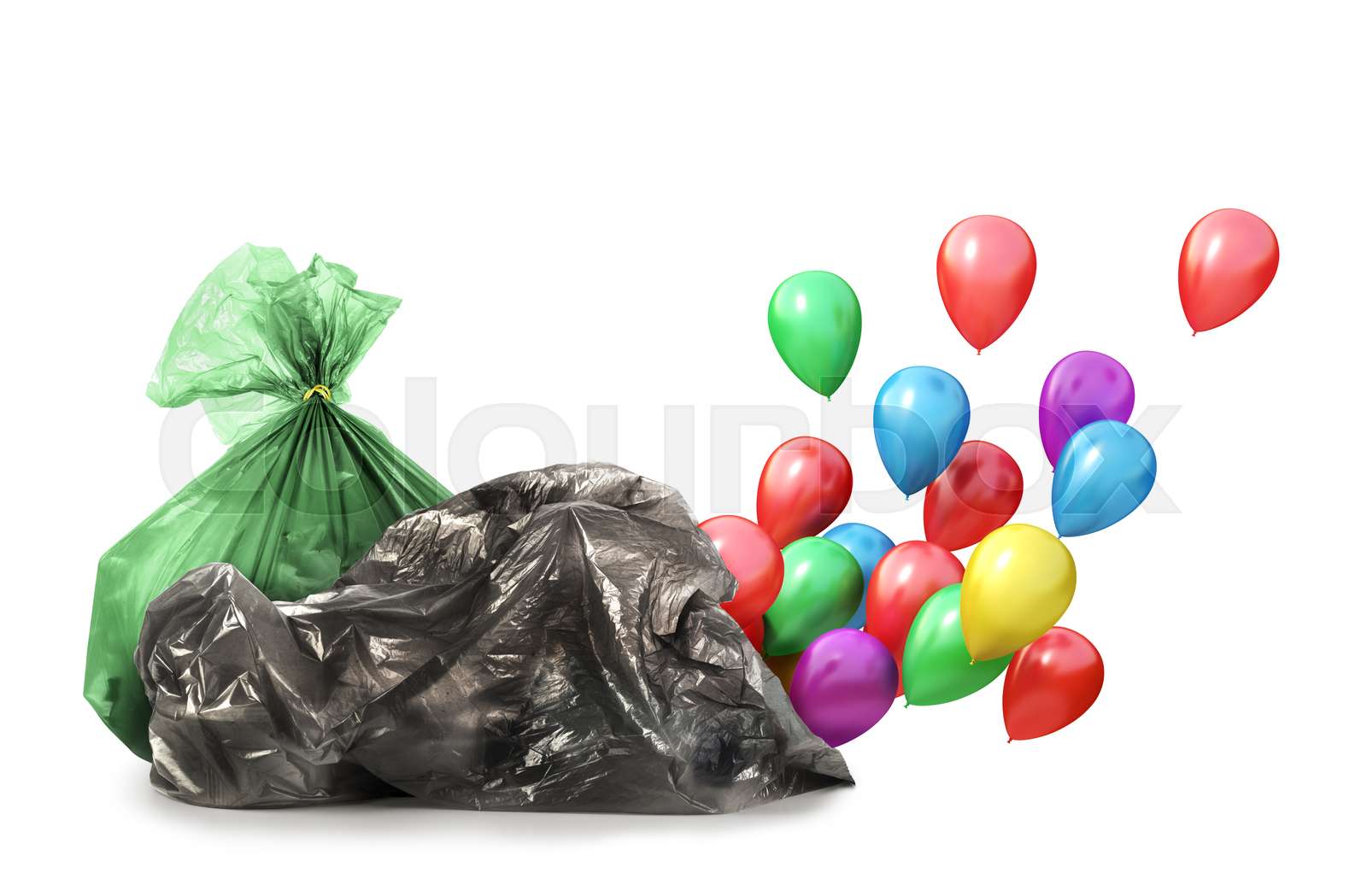 Eco concept. Out of the garbage bag are fly balloons. The concept of ...