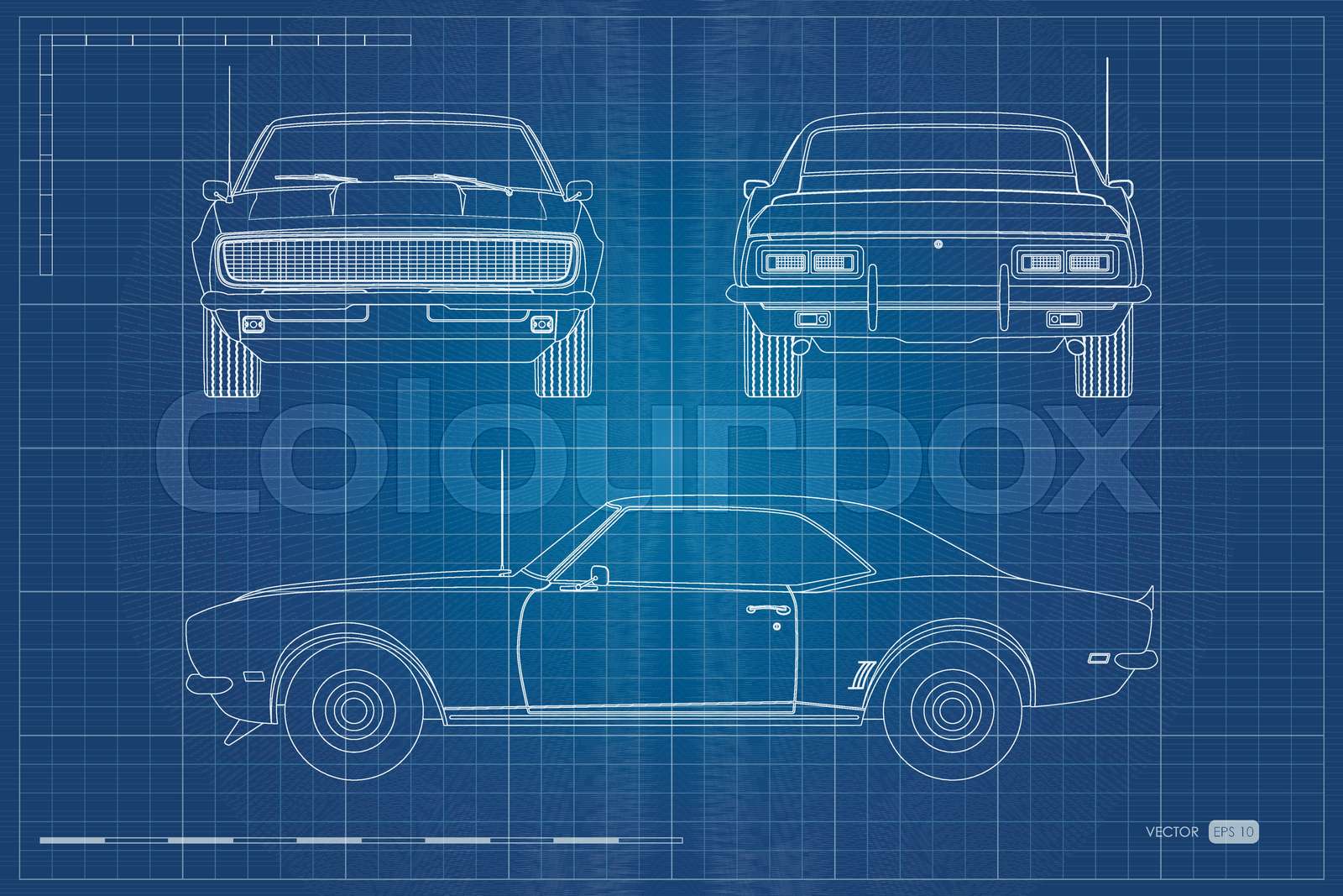 Blueprint of retro car. American vintage automobile of 1960s in outline ...