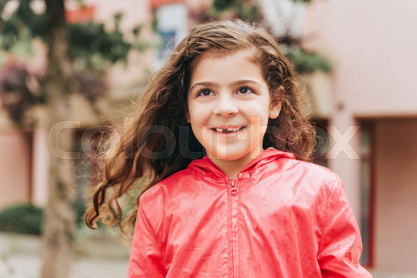 Outdoor Close Up Portrait Of Adorable 5 Year Old Little Girl Wearing Red Rain Coat Stock Image outdoor-close-up-portrait-of-adorable-5-year-old-little-girl-wearing-red-rain-coat-stock-image
