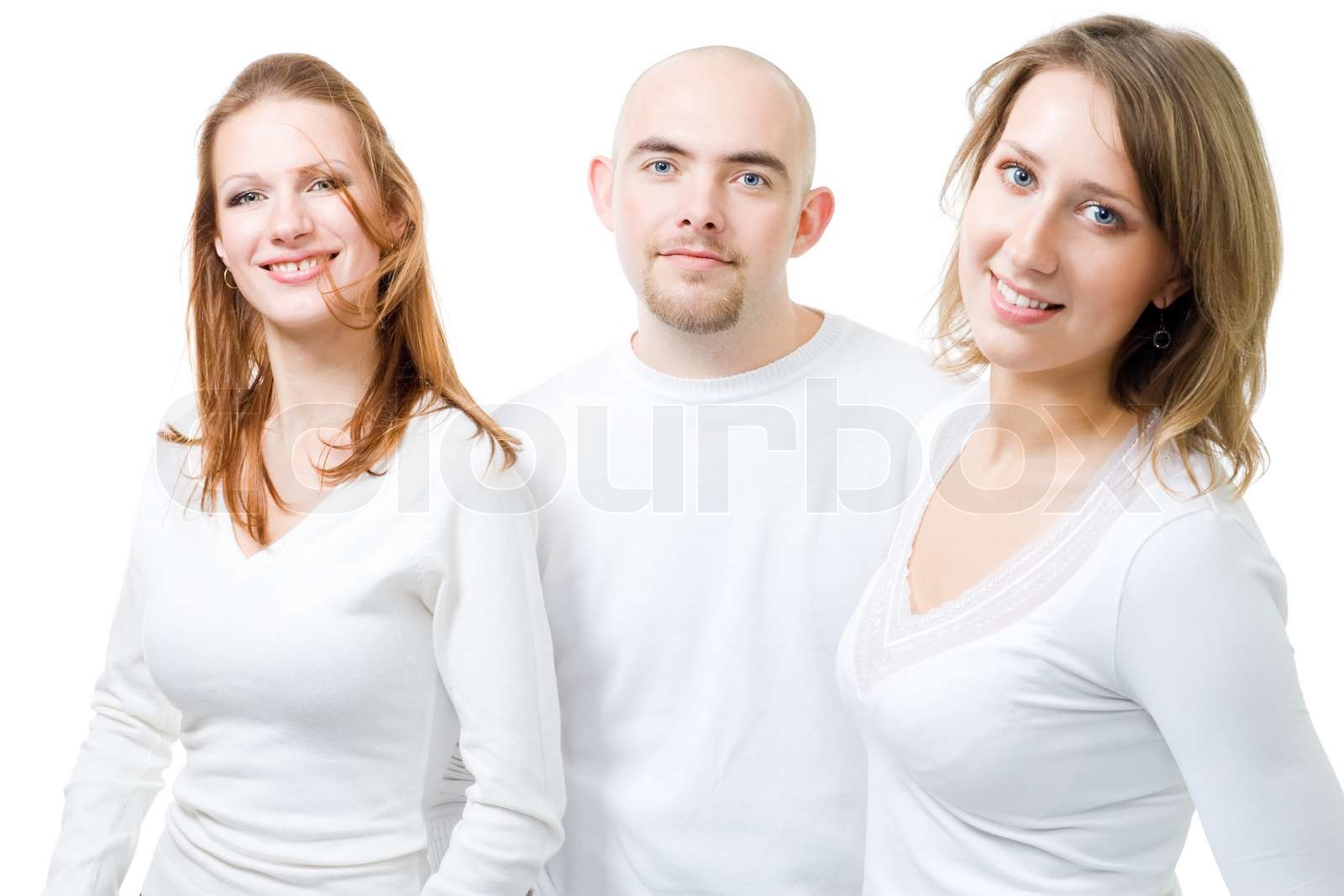three positive people - two women and one man in white,isolated | Stock ...
