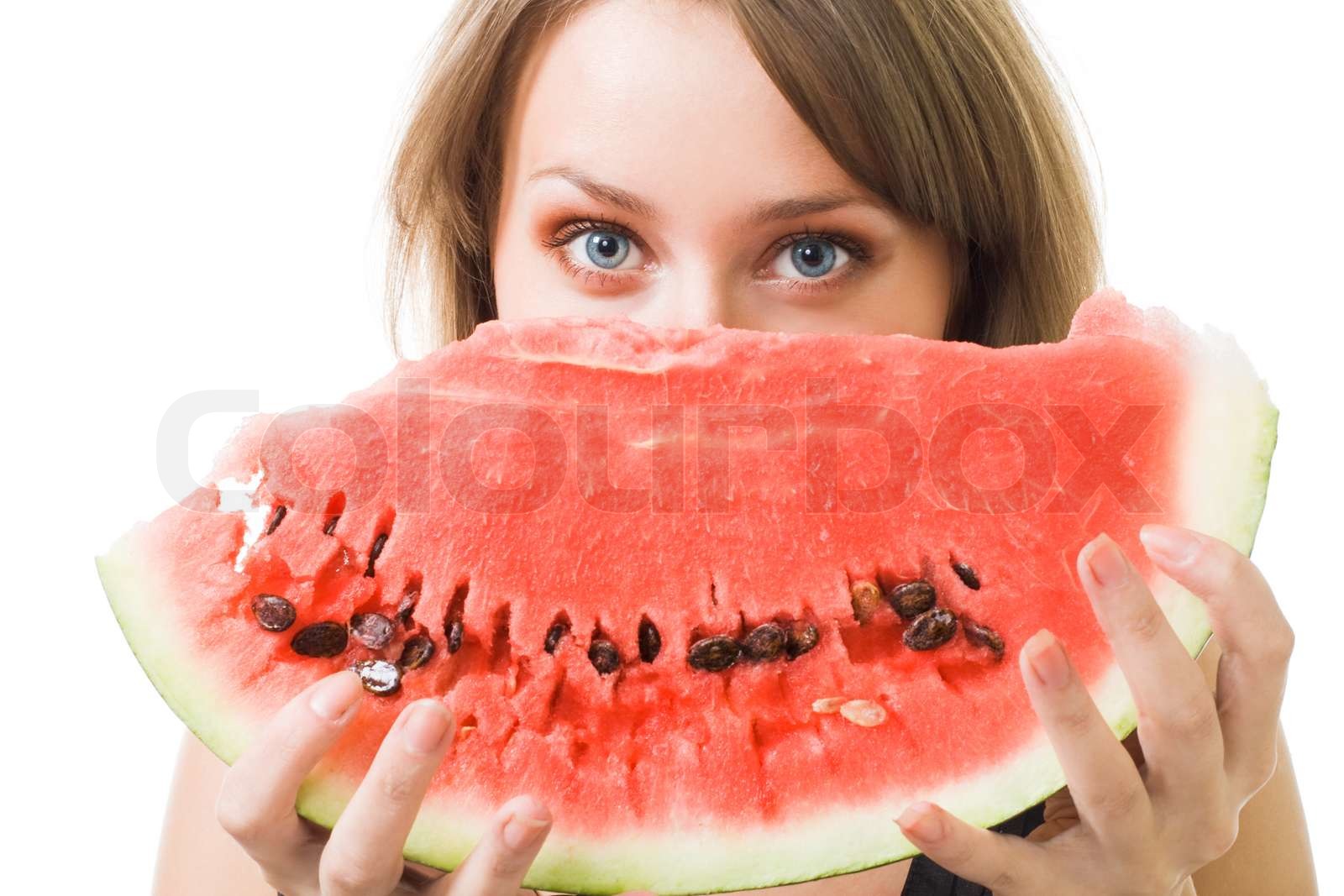 Woman's face with watermelon with blue eyes,isolaed on white | Stock ...