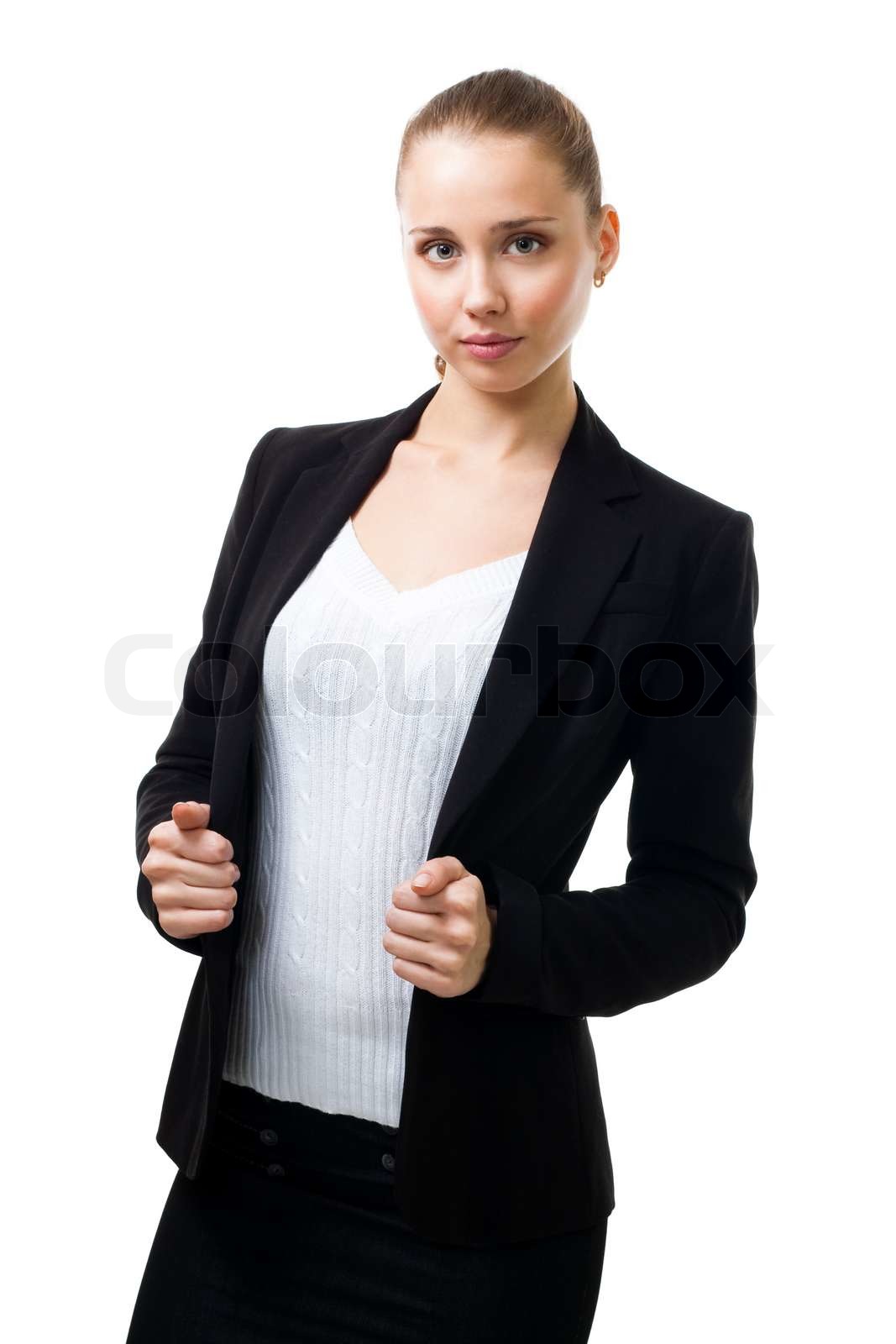 Confident woman in formal clothes stand isolated on white | Stock image ...