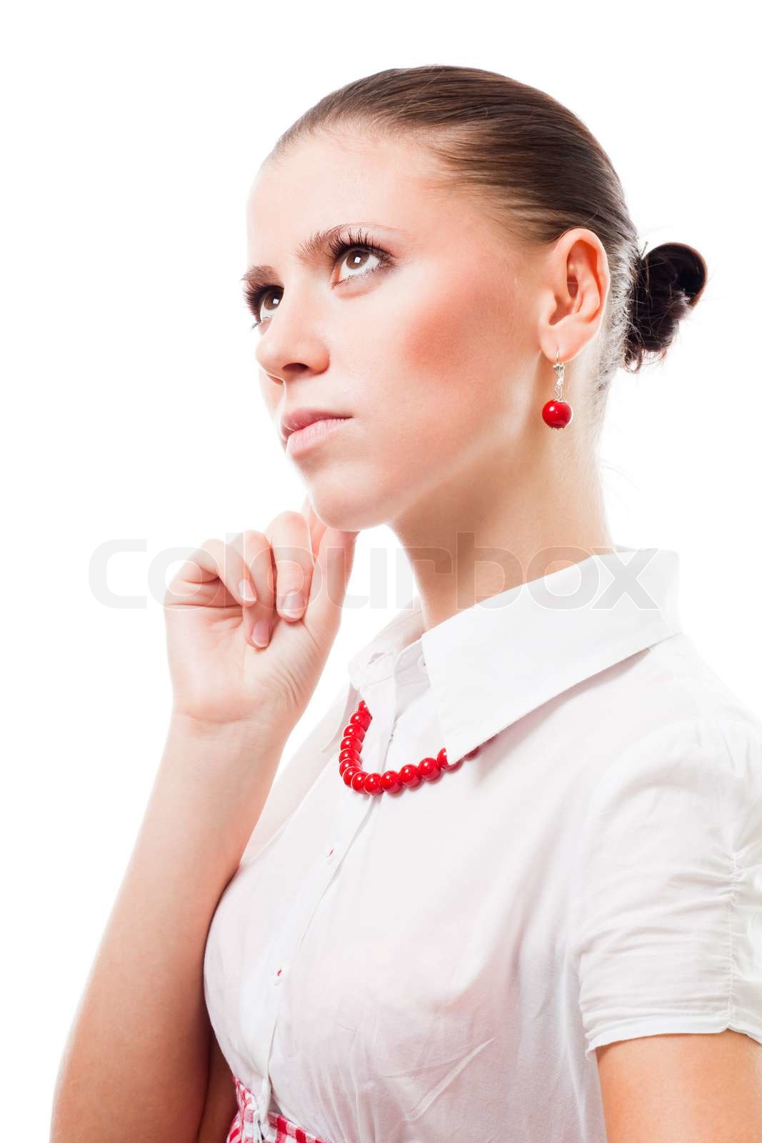 Beautiful confident woman thinking, isolated on white | Stock image ...