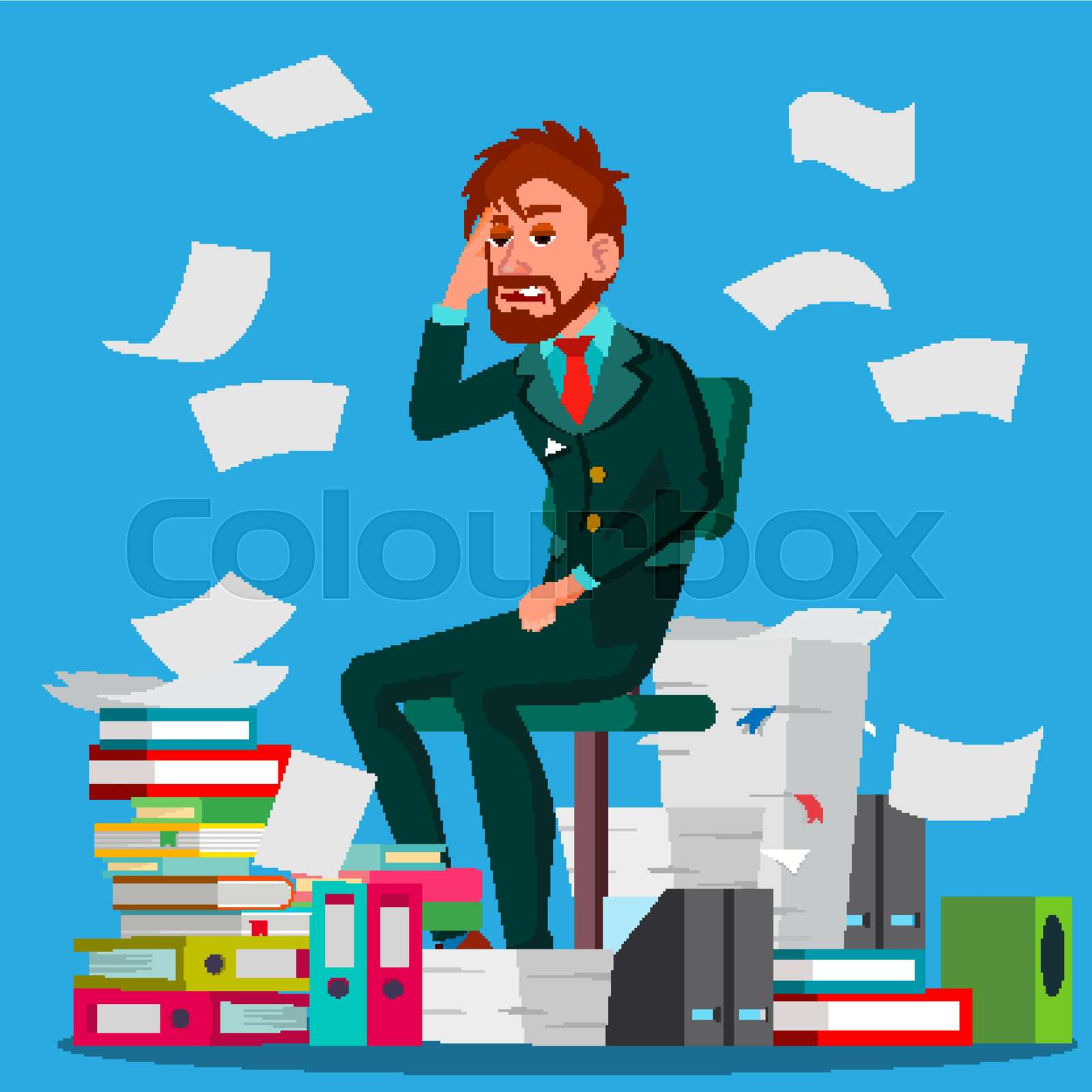 Businessman Doing Paperwork Vector. Office Worker. Emotional Stress ...