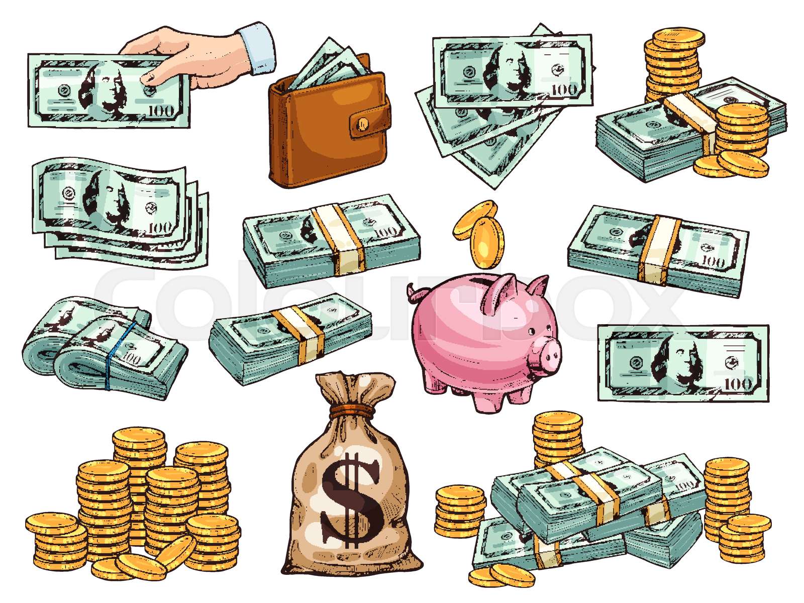 Vector sketch icons of money dollars and coins | Stock vector | Colourbox