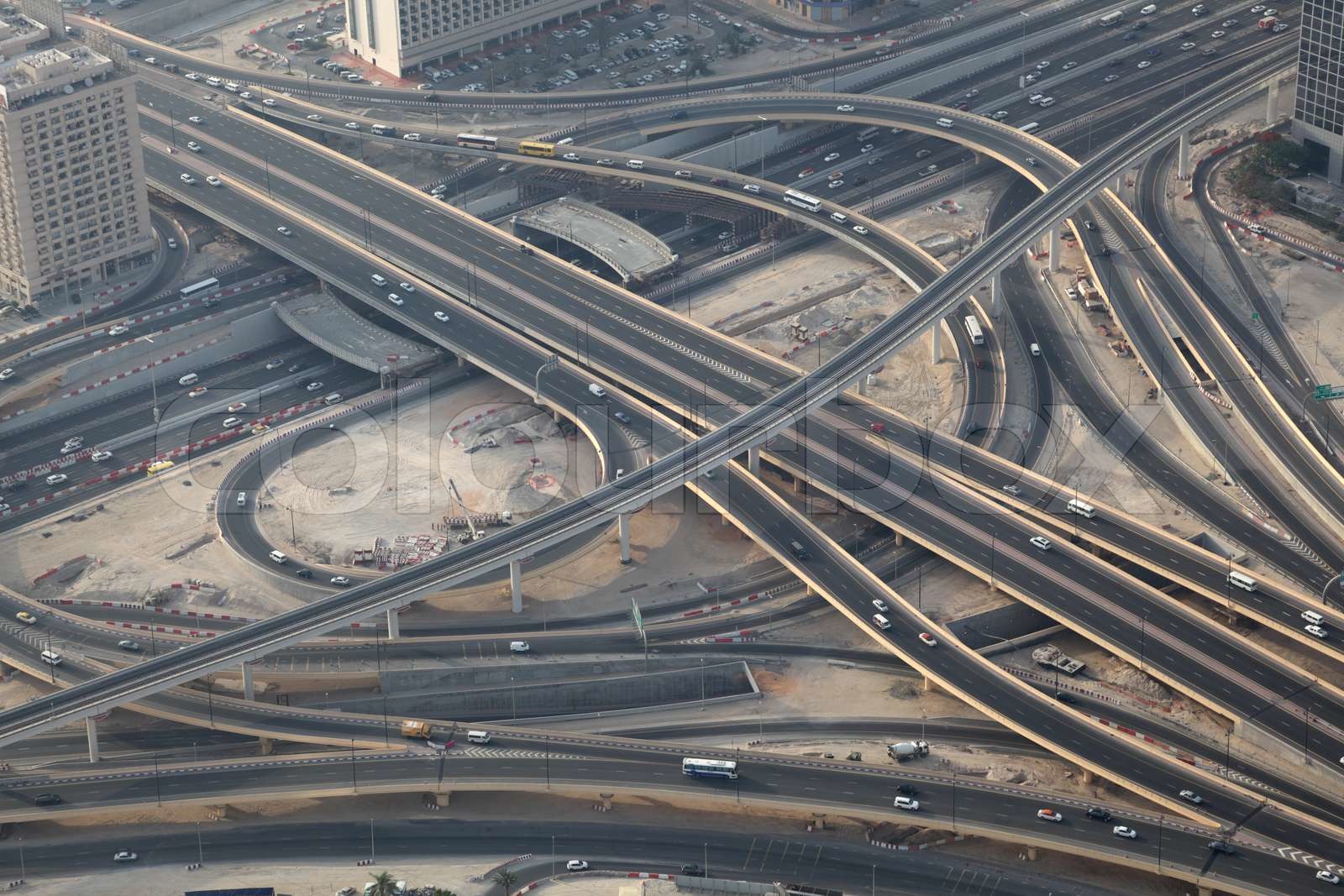 Aerial view of a highway junction in Dubai, United Arab Emirates ...