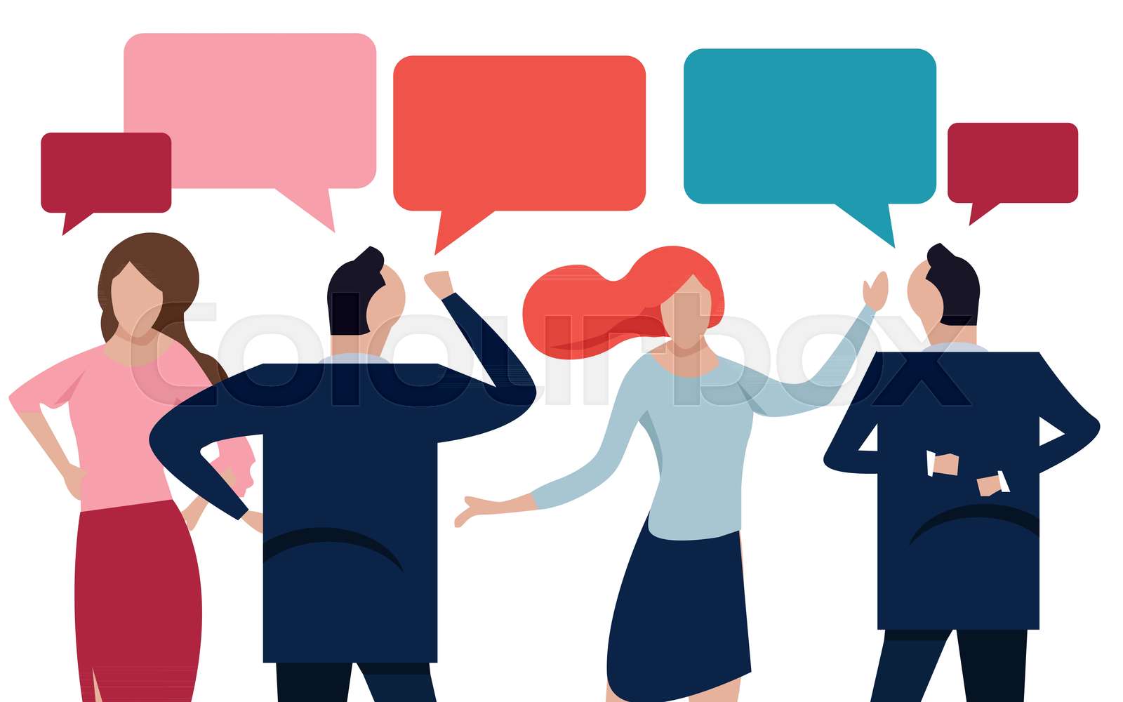Vector flat illustration, a group of people communicates through the ...