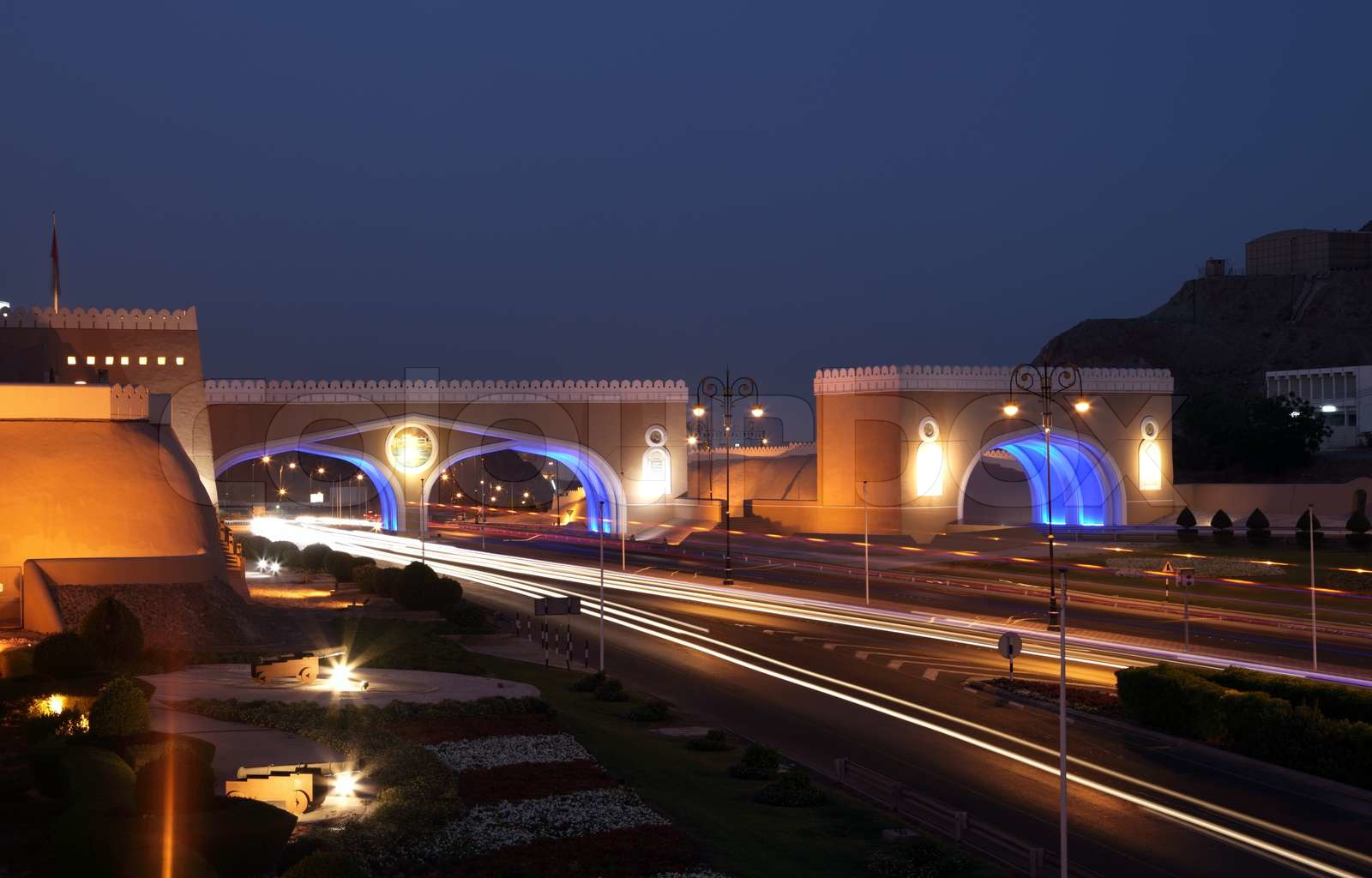 Gate to Muttrah, Illuminated at night Muscat, Sultanate of Oman | Stock ...