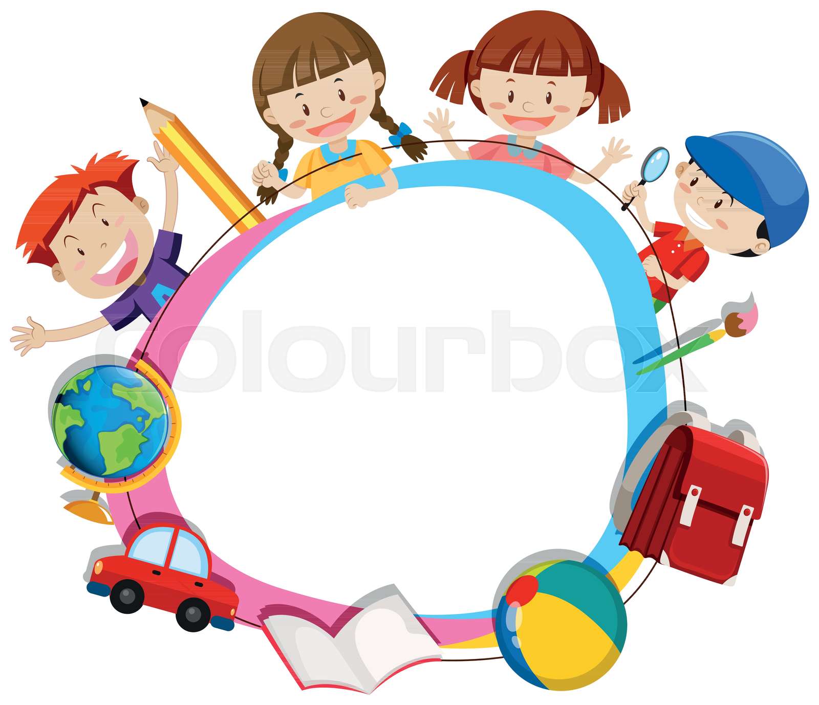 Children surroding a blank circle frame | Stock vector | Colourbox
