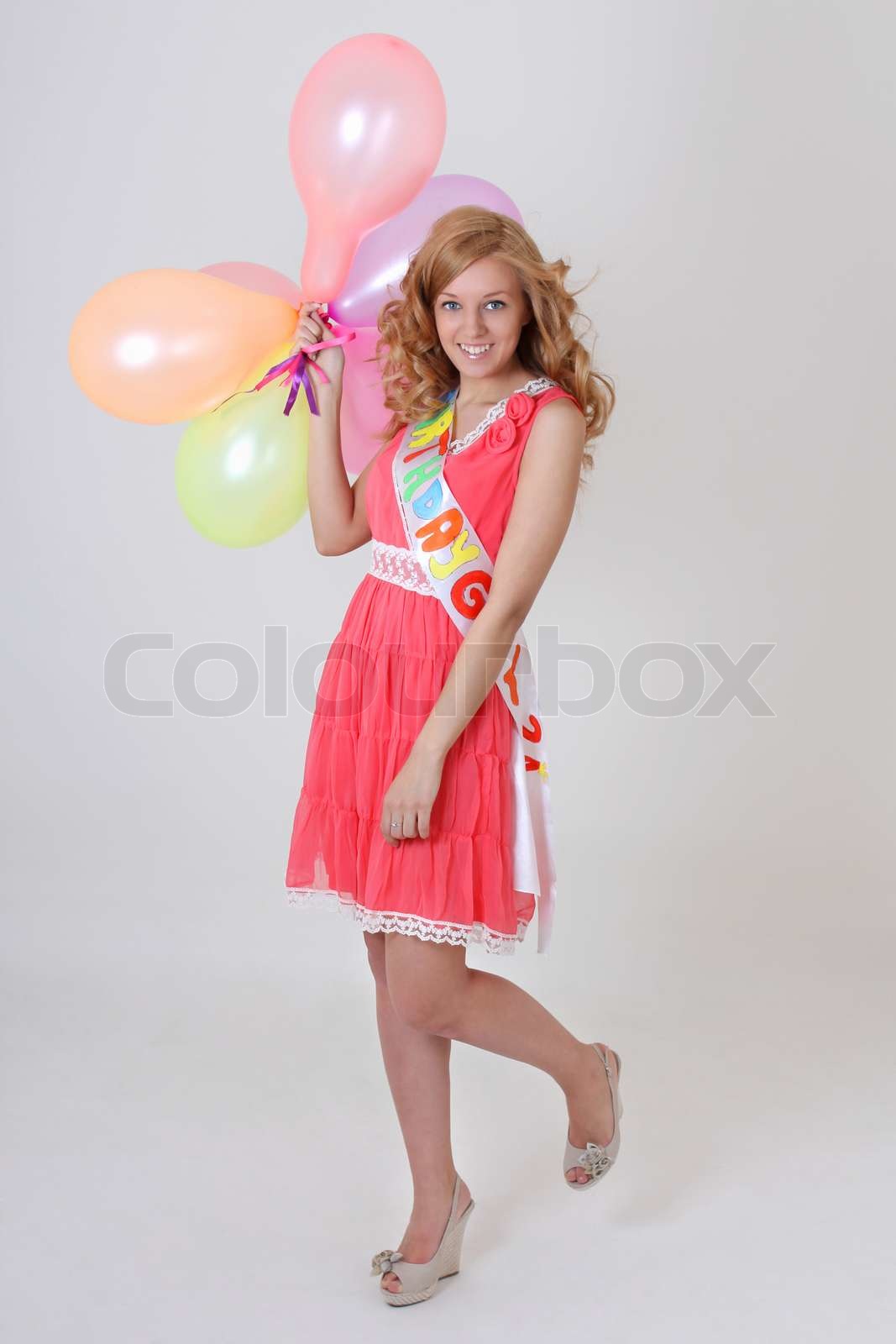 Happy Blonde Birthday Girl With Balloons Stock Image Colourbox
