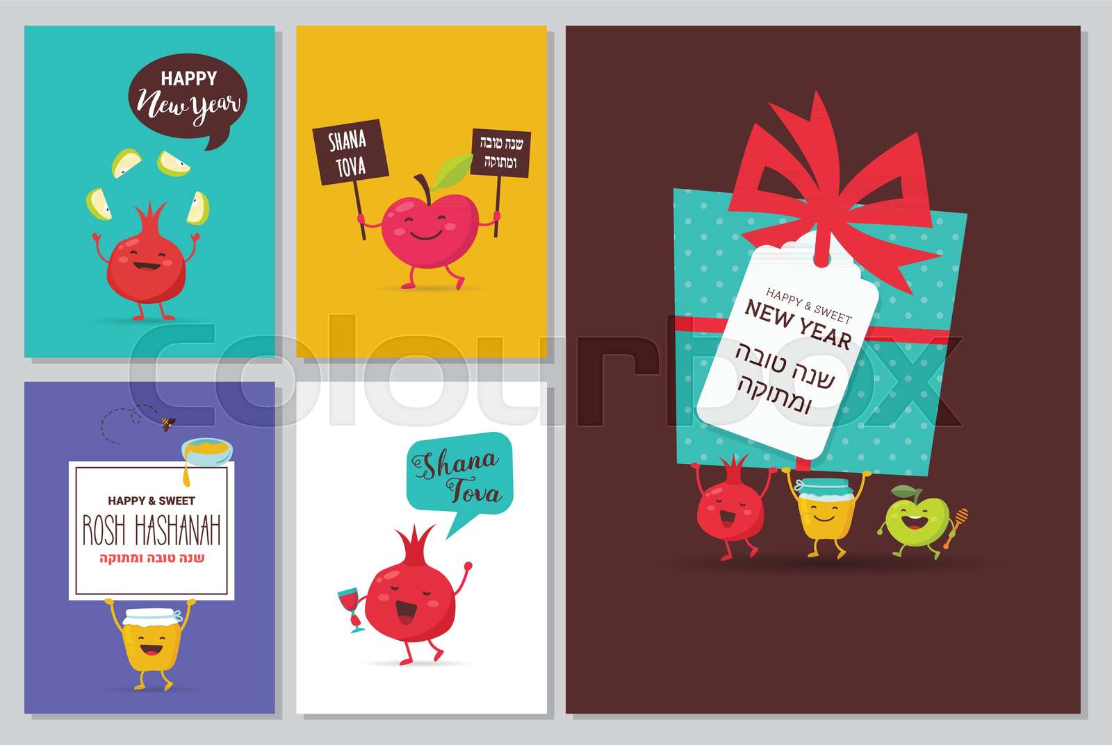 Greeting cards with funny cartoon characters for Rosh Hashanah, Jewish ...