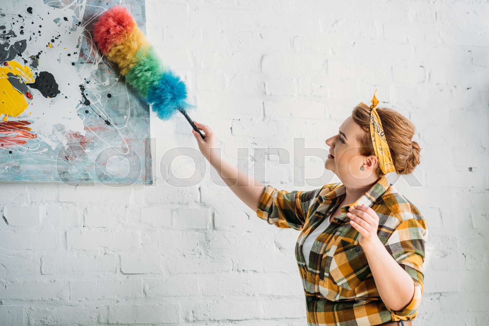 beautiful woman dusting paint on wall at home | Stock image | Colourbox